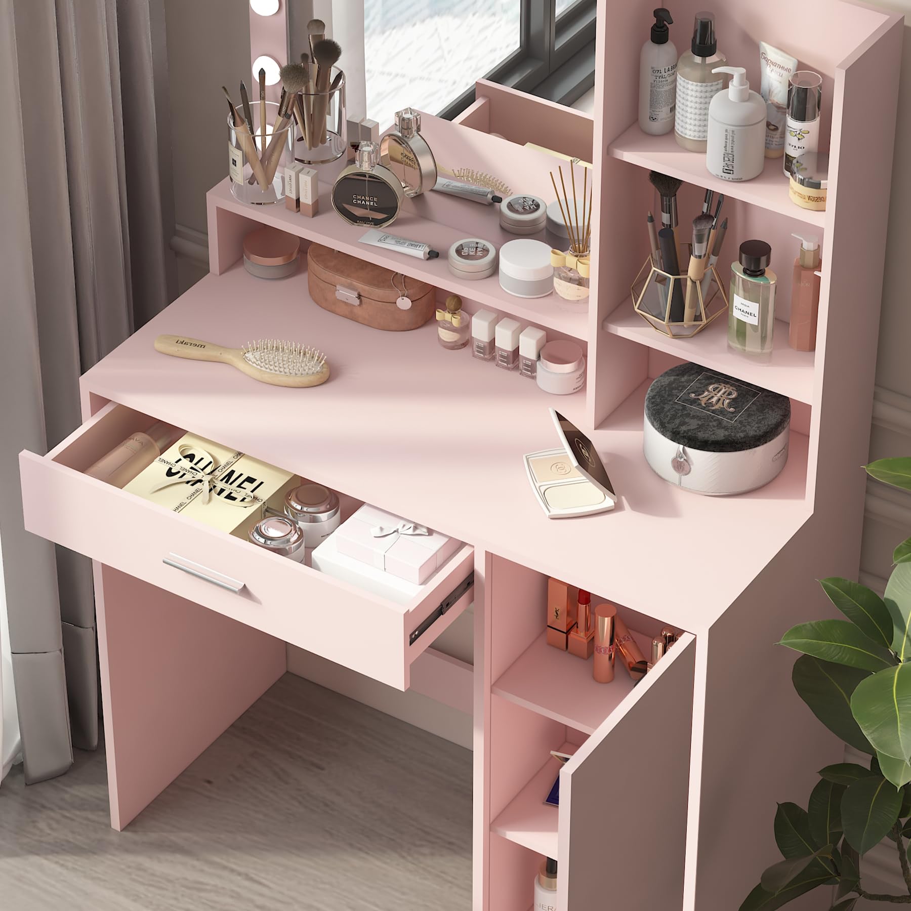 Vanity Desk with Mirror & Light, Large Drawer & Three Level Storage Dresser, 3 Lighting Modes Adjustable Brightness, Bedroom Dressing Table (Pink)