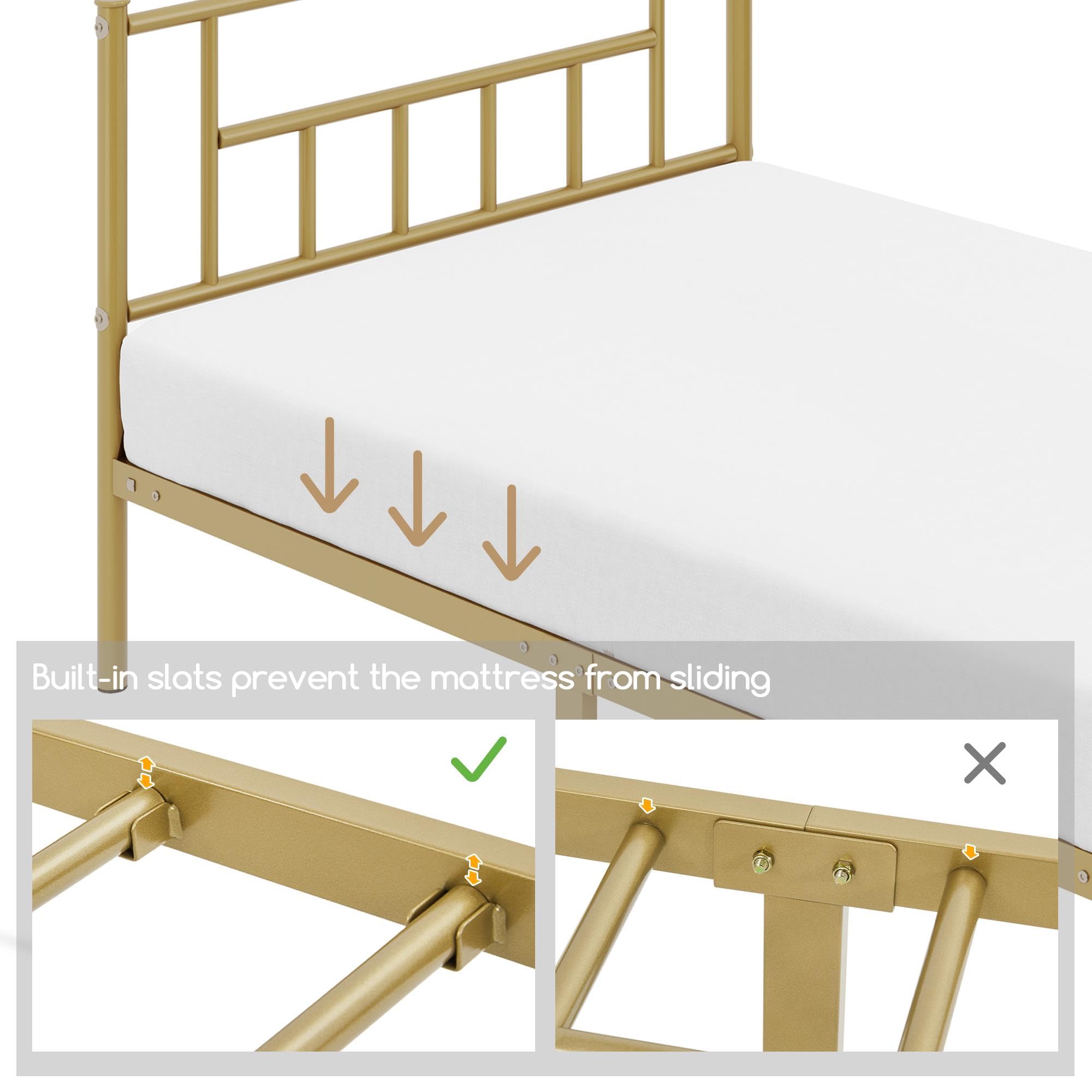 Yaheetech 13 inch King Size Metal Bed Frame with Headboard and Footboard Platform Bed Frame with Storage No Box Spring Needed Mattress Foundation Antique Gold