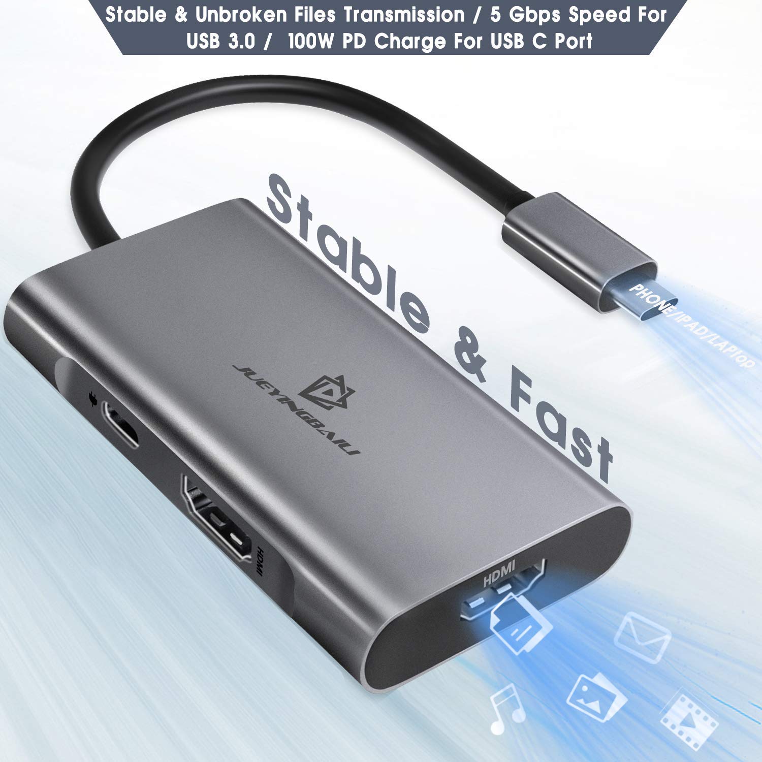 USB C To Dual HDMI Adapter - Dual HD Screen Extend & Mirror Mode - HDMI To USB C Hub with Dual 4K Display & USB 3.0 & 100W PD Compatible with MacBook Pro,Nintendo Switch And More Type C Device JUEYING
