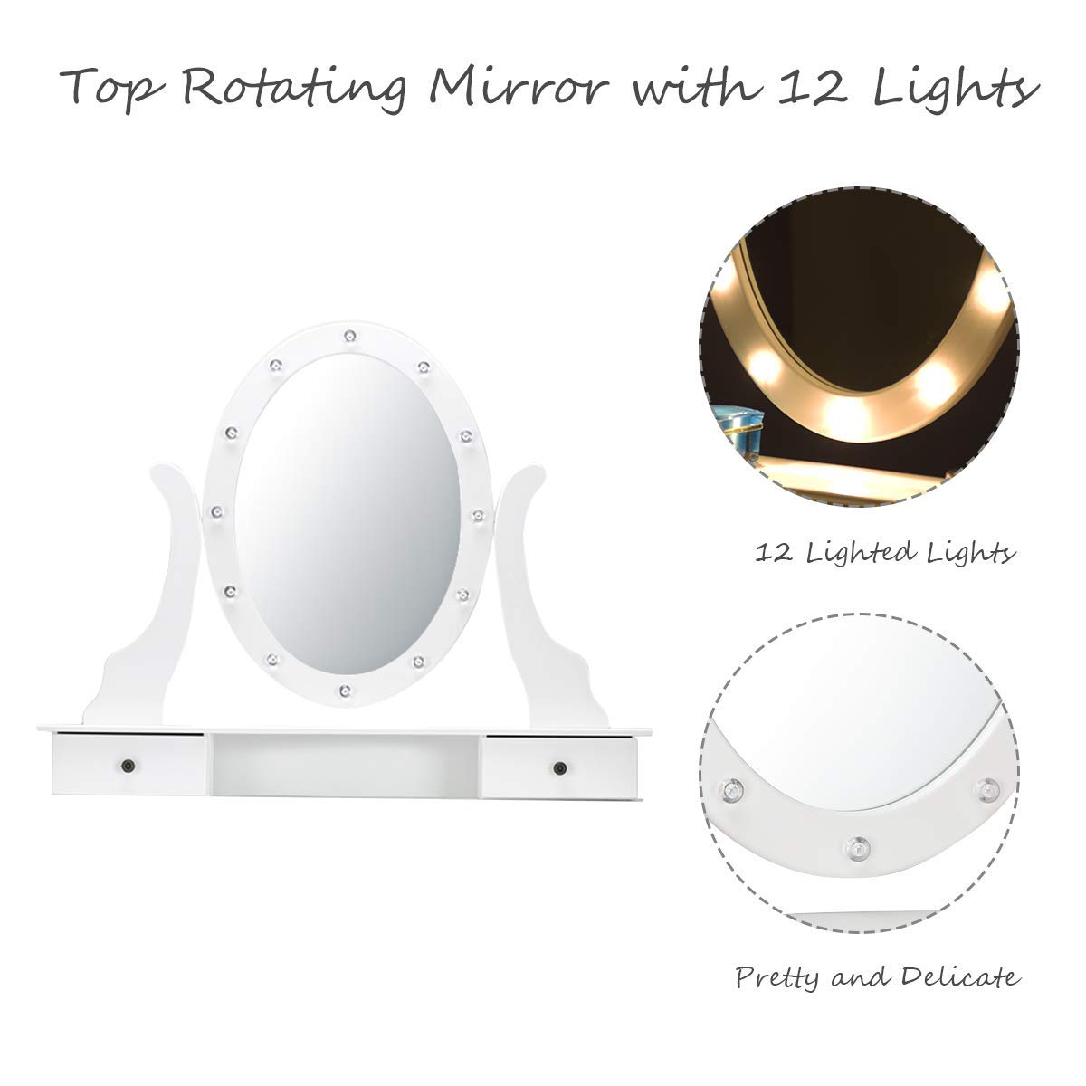 Vanity Set Cushioned Stool, 360° Spinning Oval Mirror Makeup Dressing Table with 12 LED Lights, Removable Top, 5 Storage Drawers, for Bedroom Bathroom, White