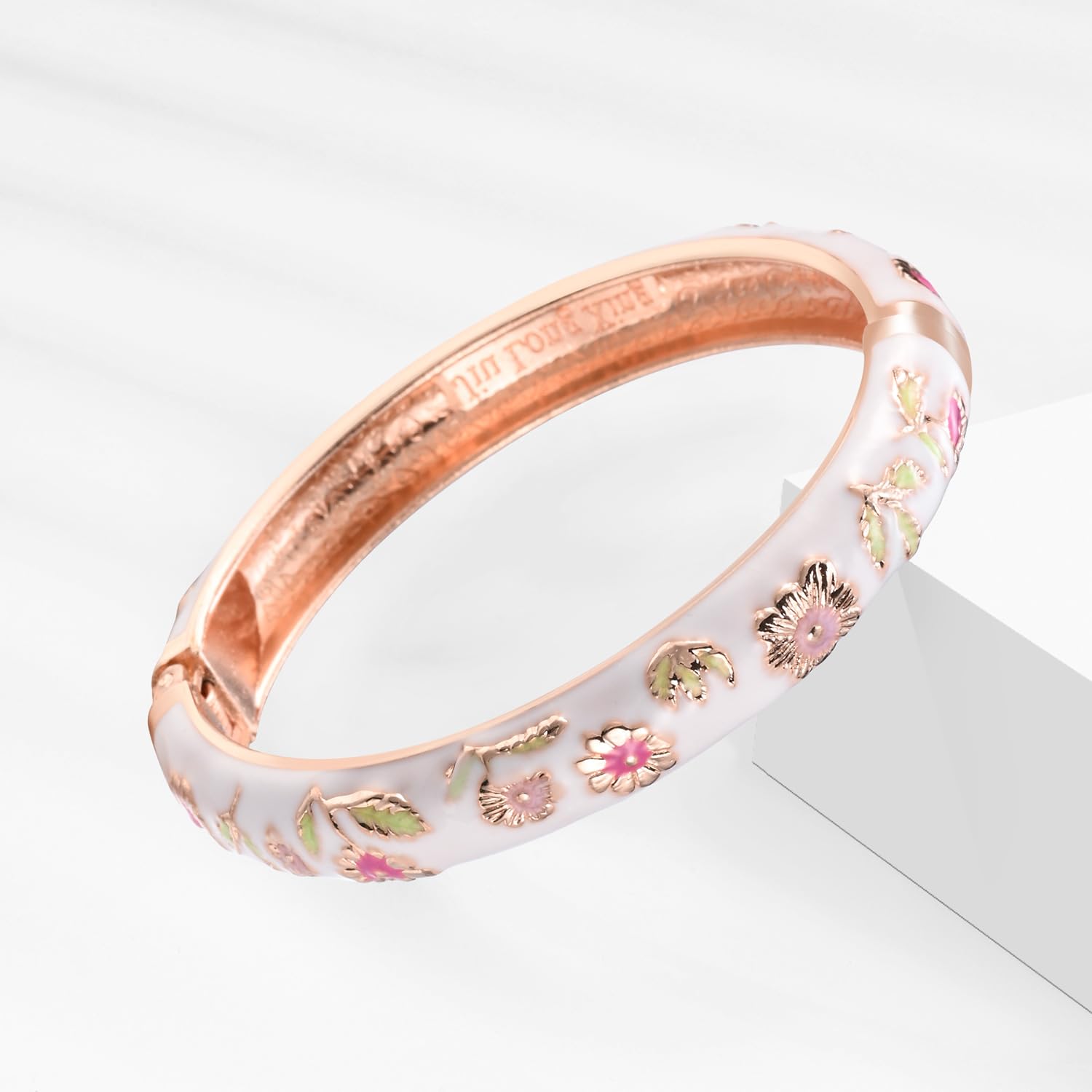 UJOY Bangles 5 Pcs Enamel Jewelry Set Rose Gold Flower Engraved Cloisonne Bracelets Pack in a Box 5PCS Blue White