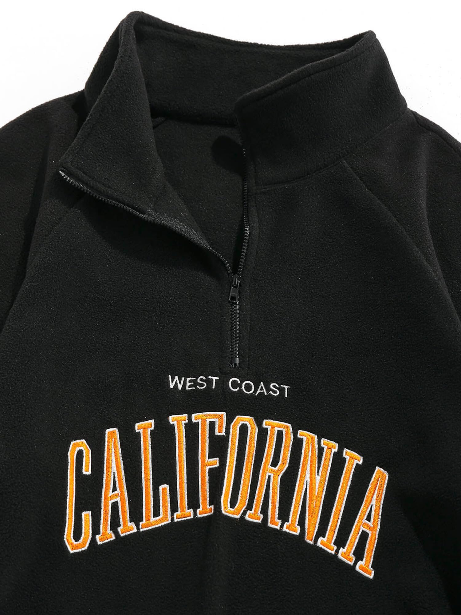 ZAFUL Men's Letters Embroidered Raglan Sleeve Quarter Zip Fleece Vintage Pullover Sweatshirt (CALIFORNIA-Black, S)