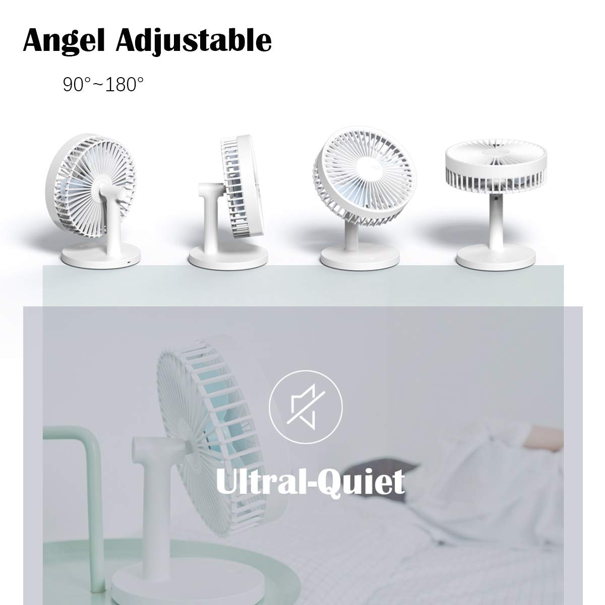 USB Desk Fan for office USB & Battery Powered Table Fan 3 Speeds Adjustable(9.25 x 7.28 x 5.67, White)