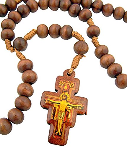 Wooden Bead Rosary with Saint Francis of Assisi Crucifix, 13 Inches