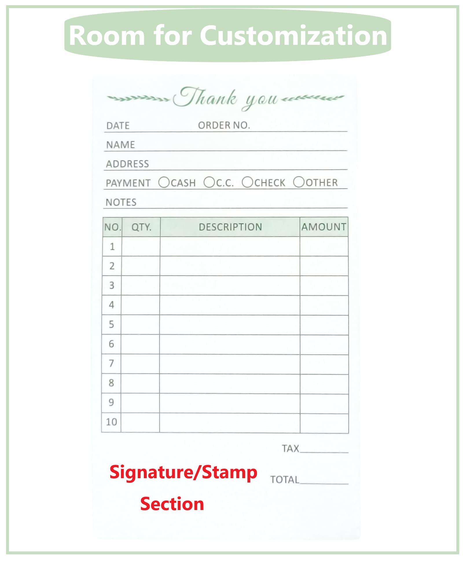 Thank You Receipt Book for Small Businesses 4x7 inches 2-Part Carbonless White Yellow 50 Sets 100 Sheets per Book with Wrap Around Cover Blank Signature Stamp Section 1 Pack Green