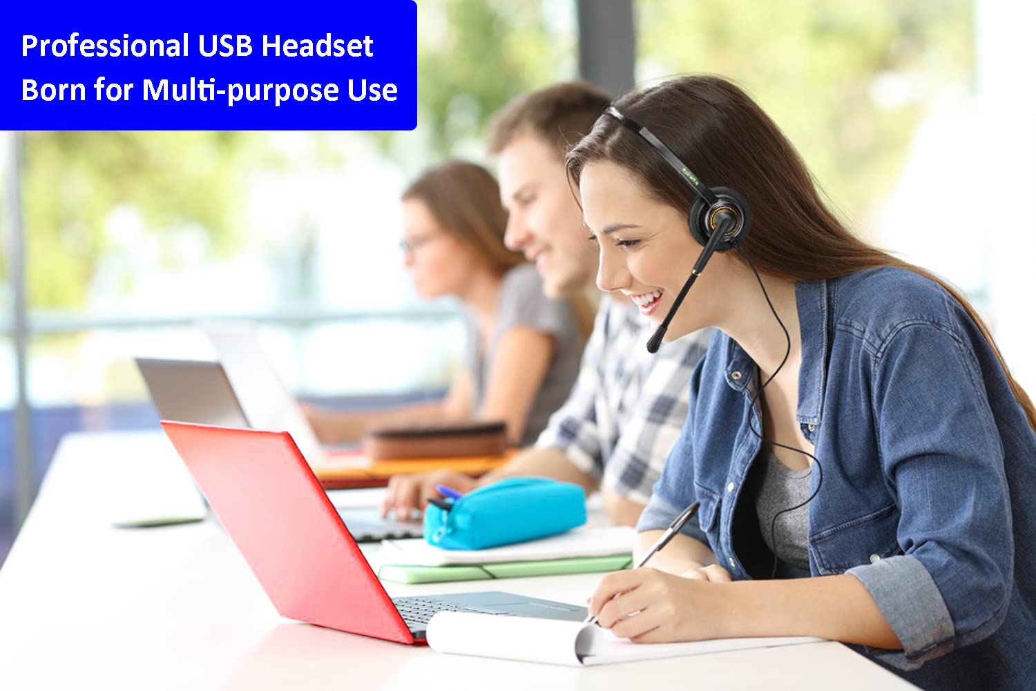 USB Headset with Microphone Noise Cancelling for PC, Computer Laptop Headphone with Mic In-Line Control for Office Softphones Teams Business Skype Zoom Conference Calls Online Course Voice Recognition