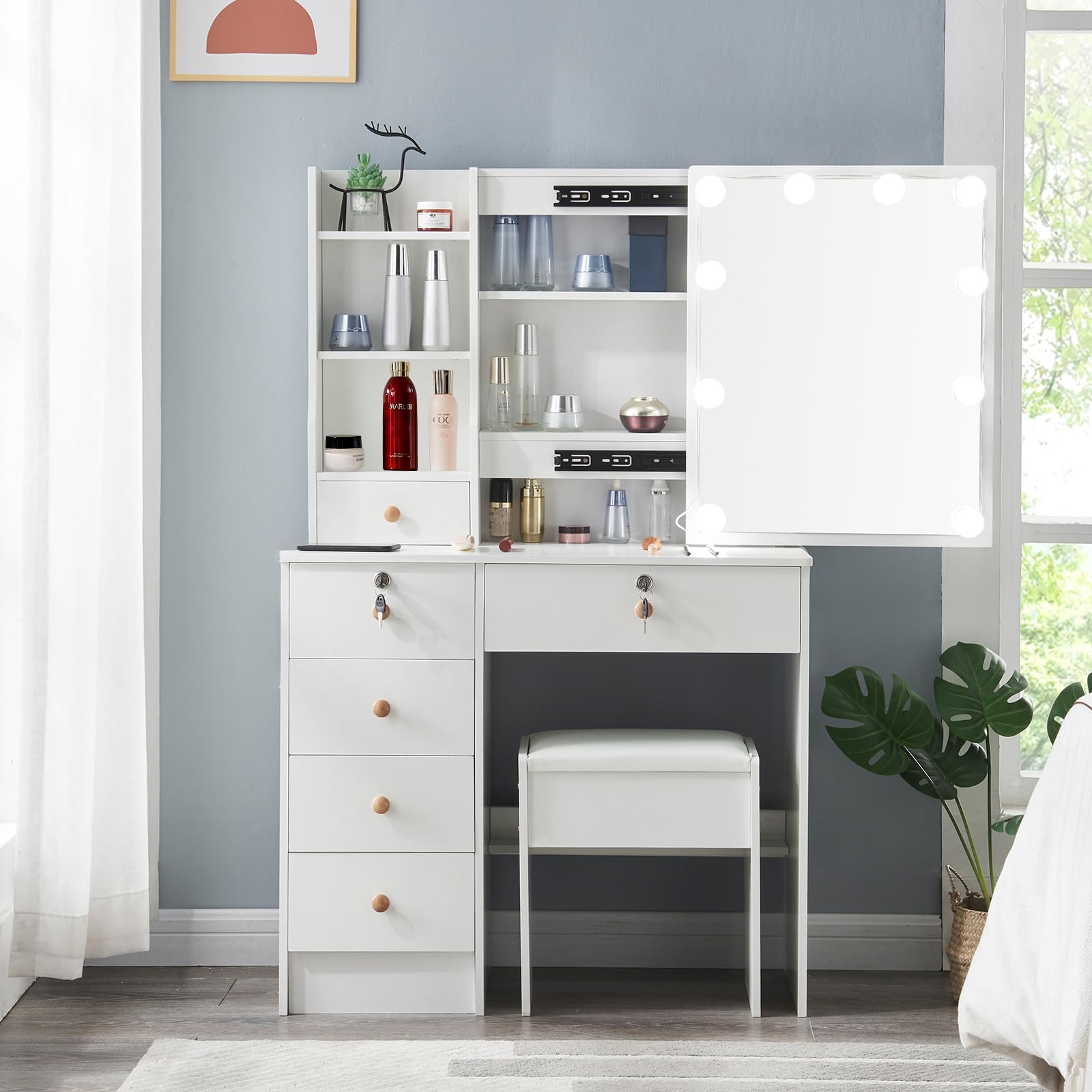Vanity Table with Mirror and Lights, Makeup Dressing Table with Chair and 6 Drawer for Girls, Adjustable Brightness and Mode, Modern Vanity with Hidden Storage by Jingooo, White