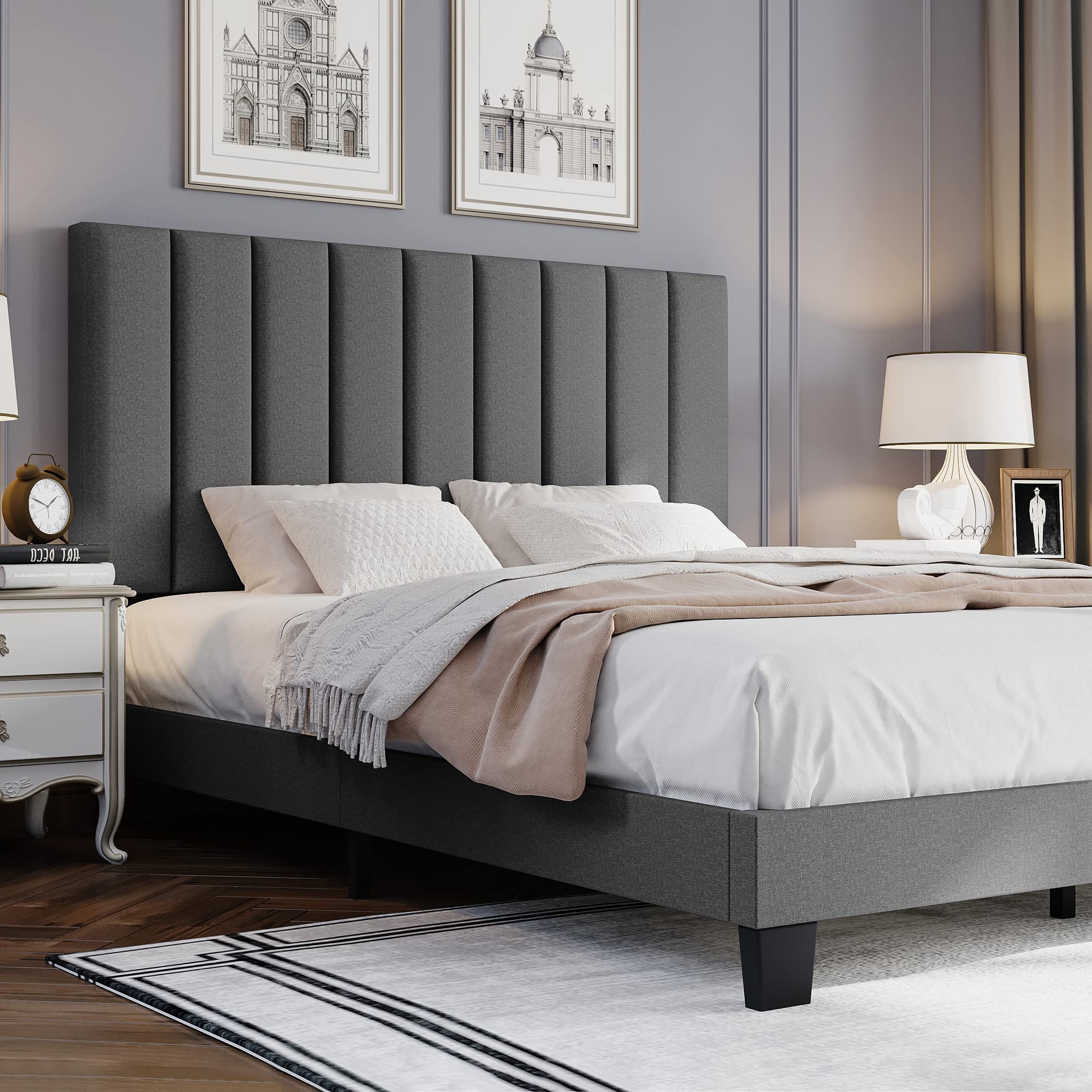 Wonder Comfort Full Size Upholstered Bed Frame with Fabric Wingback Headboard/Upholstered Platform/12 Solid Wooden Slats, Non-Slip and Noise-Free, No Box Spring Needed, Gray