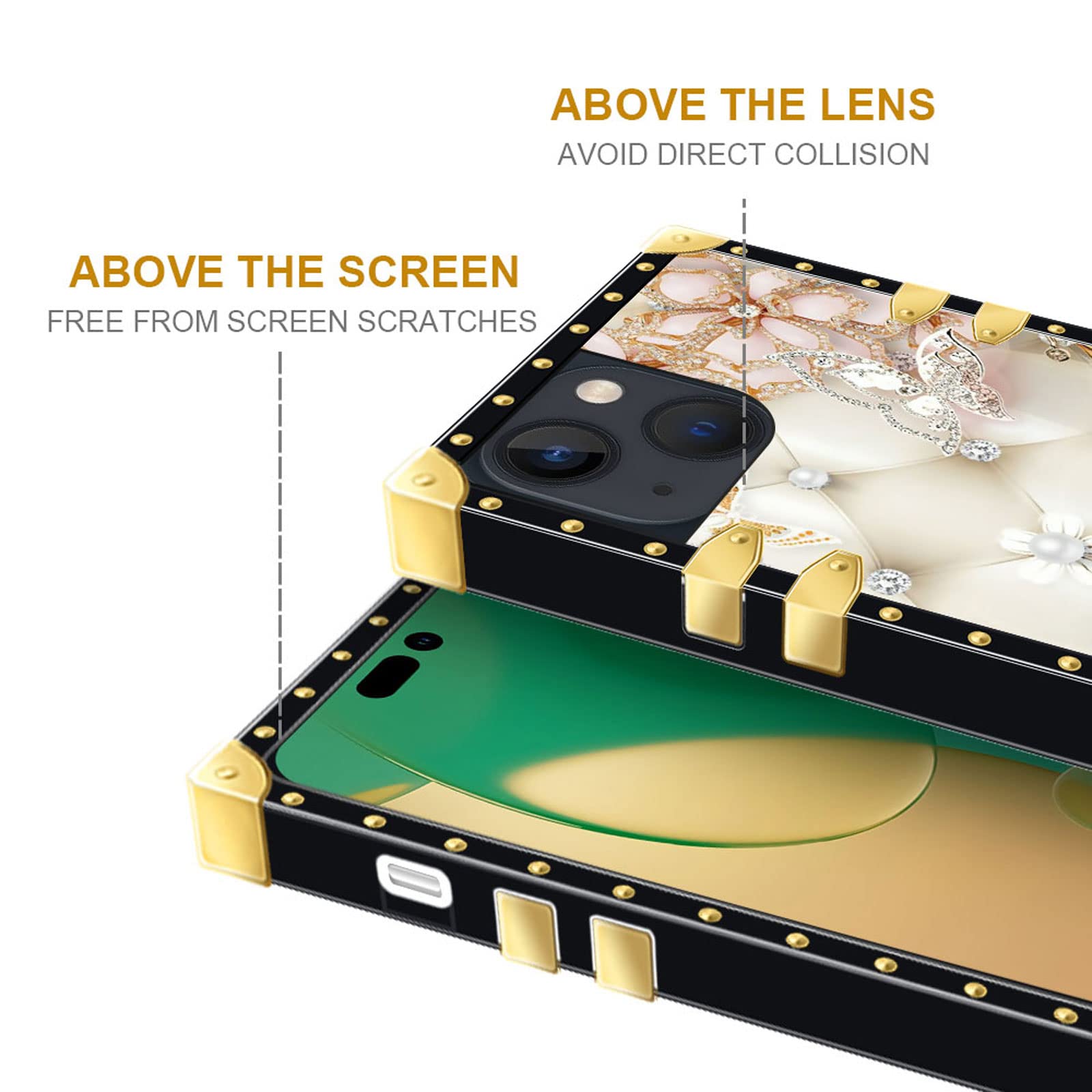 Toulas Case Compatible with iPhone 14 Plus Case,Golden Butterfly Flower Diamond Cases Luxury Gold Decorative Square Soft TPU Anti Scratch Drop Protection Hard PC Back for iPhone 14 Plus