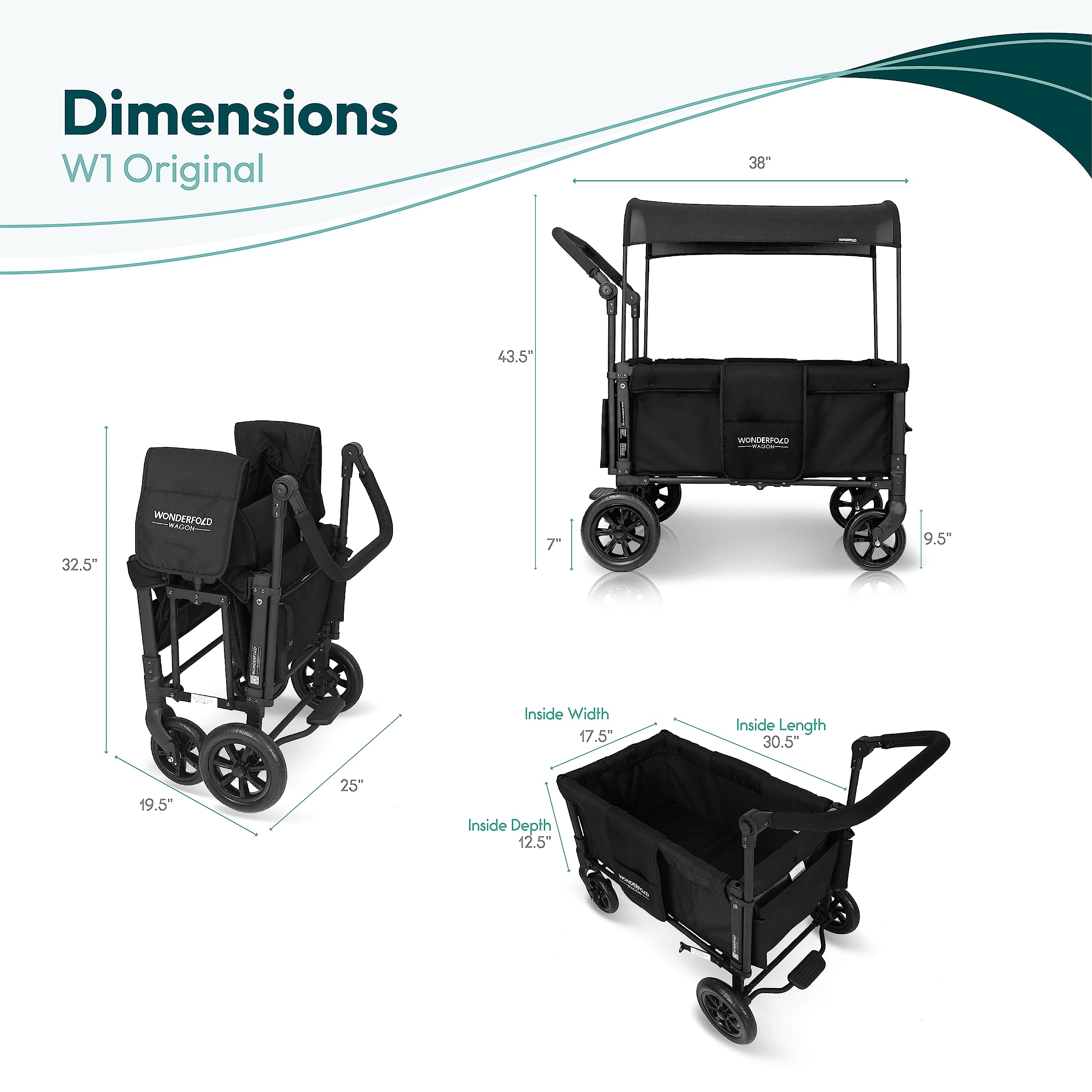 WONDERFOLD W1 Original Double Stroller Wagon (2 Seater) - Collapsible Wagon Stroller with Seats with 5-Point Harnesses, Adjustable Push Handle, and Sun Canopy, Gray