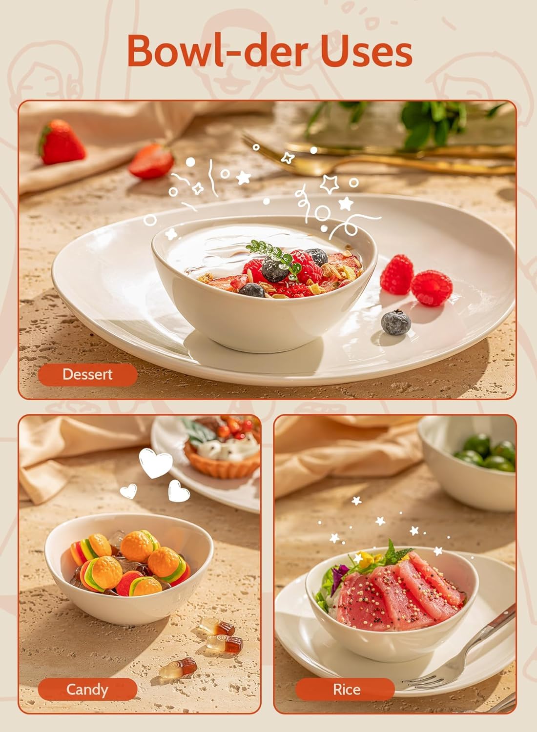 Sweese 28 oz Porcelain Bowls Set of 4 - for Salad, Pasta, Cereal - Microwave, Dishwasher and Oven Safe - White - 103.401
