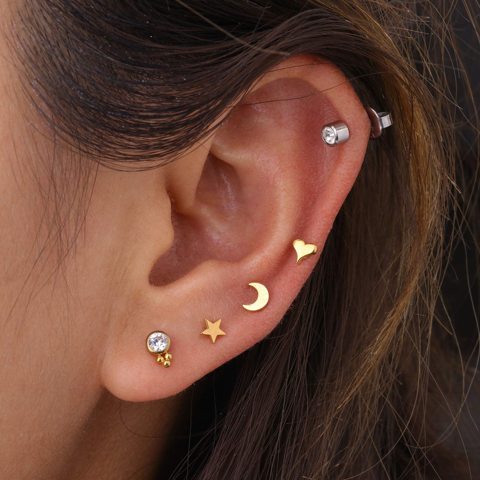 Toppiercing 9 Pcs Stainless Steel Stud Earrings Set 20g Screw Back Ball Tragus Stud CZ Rhinestone Cartilage Earrings Helix Ear Piercing Jewelry