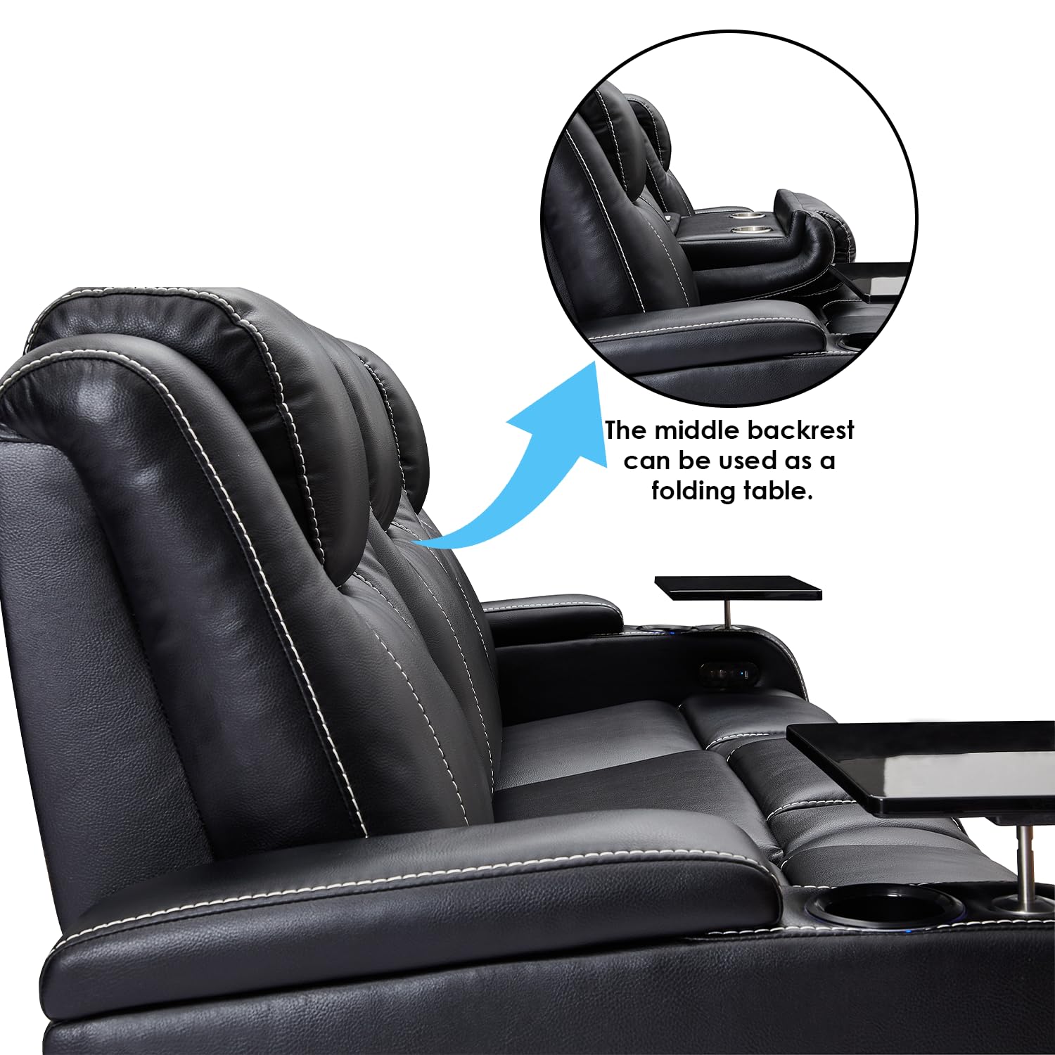 Weilianda Home Theater Seating Leather Moive Sofa Recliner Chair Type-C USB Charge and Wireless Charging Arm Storage with Tray Table - Black