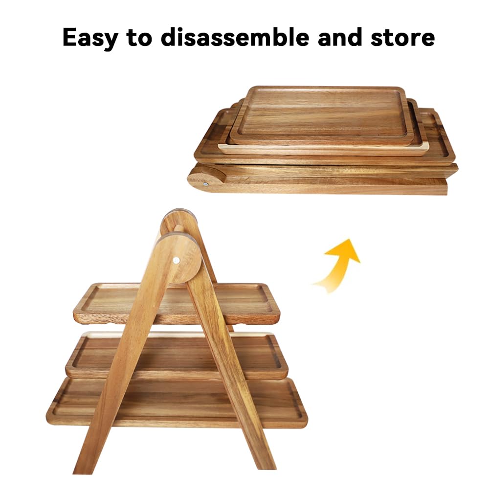 Zyviv Wooden 3 Tier Serving Tray, Solid Acacia Wood Serving Trays(max 14 x 5.5 in or Home Decor, Food, Vegetables, Fruit, Charcuterie, Appetizer Serving Tray, Cheese Board (Set of 3 Plates)