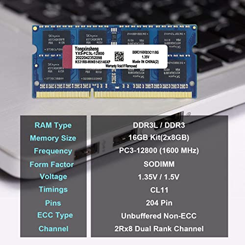 Yongxinsheng DDR3 / DDR3L 16GB Kit (8GBx2) Laptop RAM 1600MHz PC3L/PC3-12800 SODIMM Non-ECC Unbuffered 1.35V/1.5V 2Rx8 Dual Rank 204 Pin CL11 Notebook Computer Memory Upgrade Module(Blue)