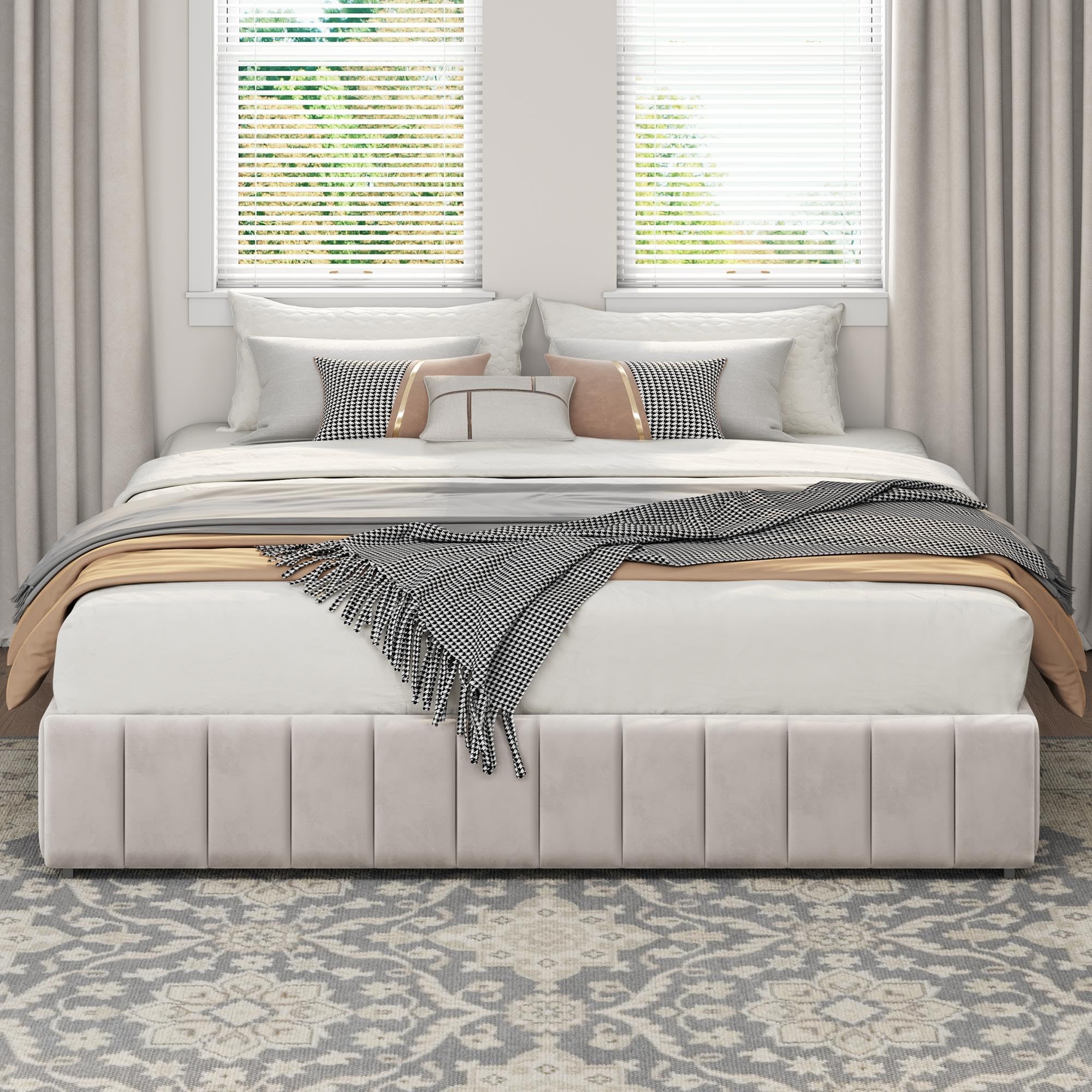 Yaheetech King Bed Frame Upholstered Platform Bed with 4 Storage Drawers, Large Storage Space/Strong Wooden Slats/Non-Slip and Noise-Free/No Fixed Headboard/No Box Spring Needed/Beige King Bed