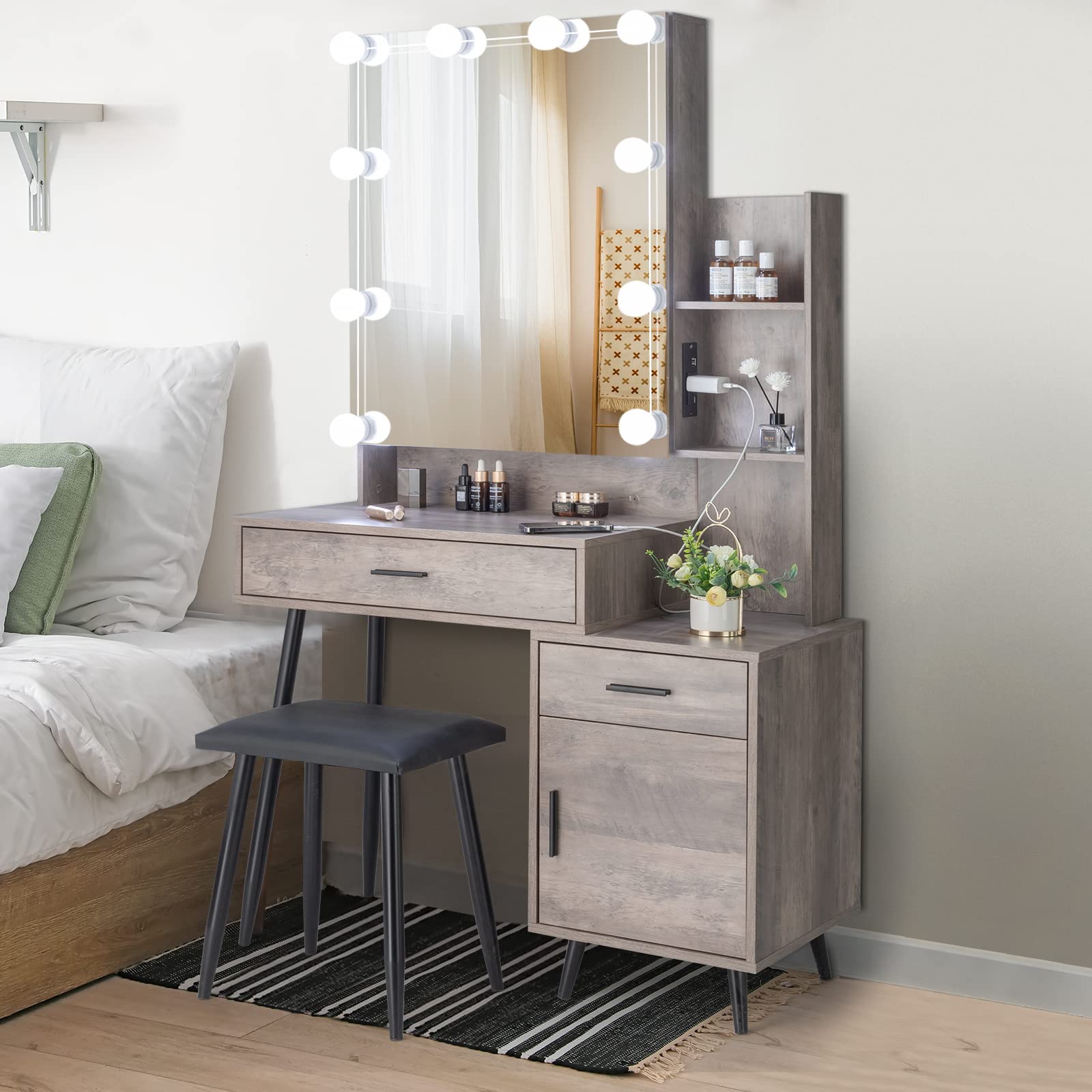 VINGLI Vanity Desk with Sliding Mirror & Lights & Charging Station & Drawers & Shelves & Door, Farmhouse Modern Makeup Vanity Set with Stool (Rustic Gray, 39'' x 16'' x 63'', Bench included)