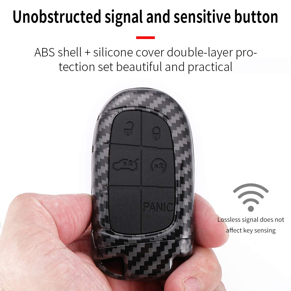 WFMJ Black Carbon Fiber + Silicone Button Smart Remote 5 Buttons Key Fob Cover Case Shell Fob for Jeep Grand Cherokee Dodge Challenger Charger Dart Durango Journey Chrysler 300