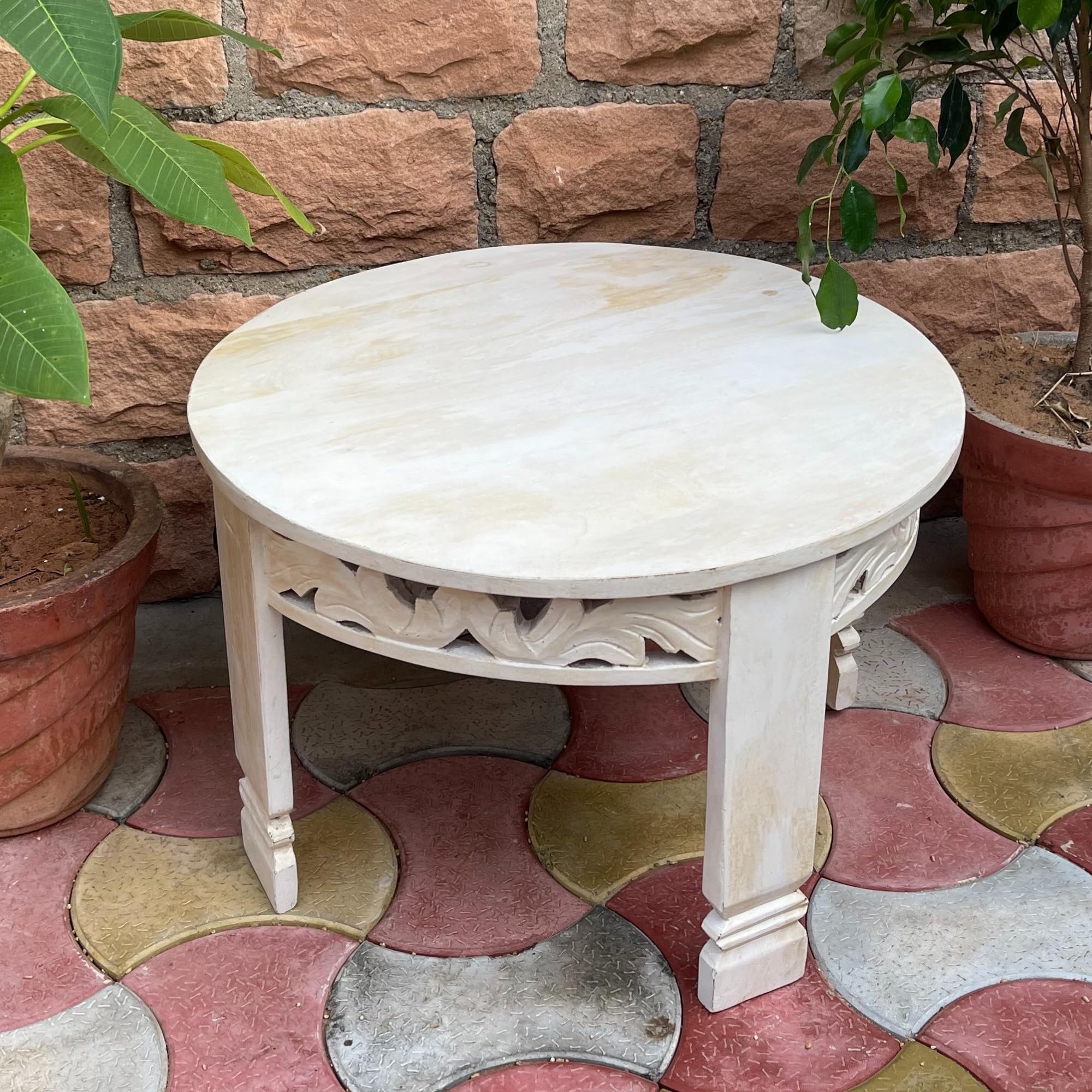Wooden Carved Chakki Table, Handicraft Round Coffee Table/Cake Cutting Table/Side Table/Nightstand Table/Lamp Table/Bedside Table