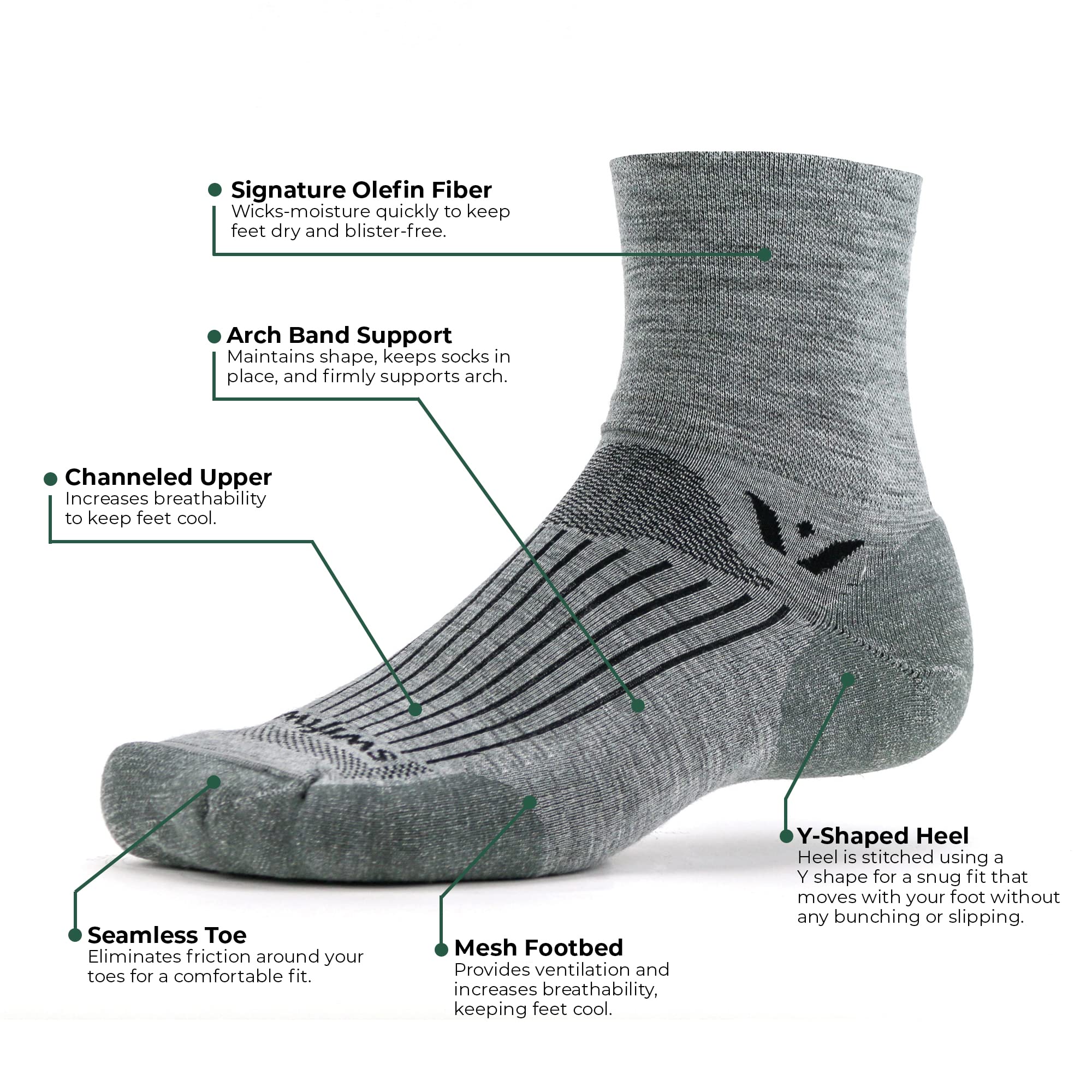 Swiftwick- PURSUIT FOUR Cycling & Trail Running Socks, Merino Wool (Black/Coal, Large)