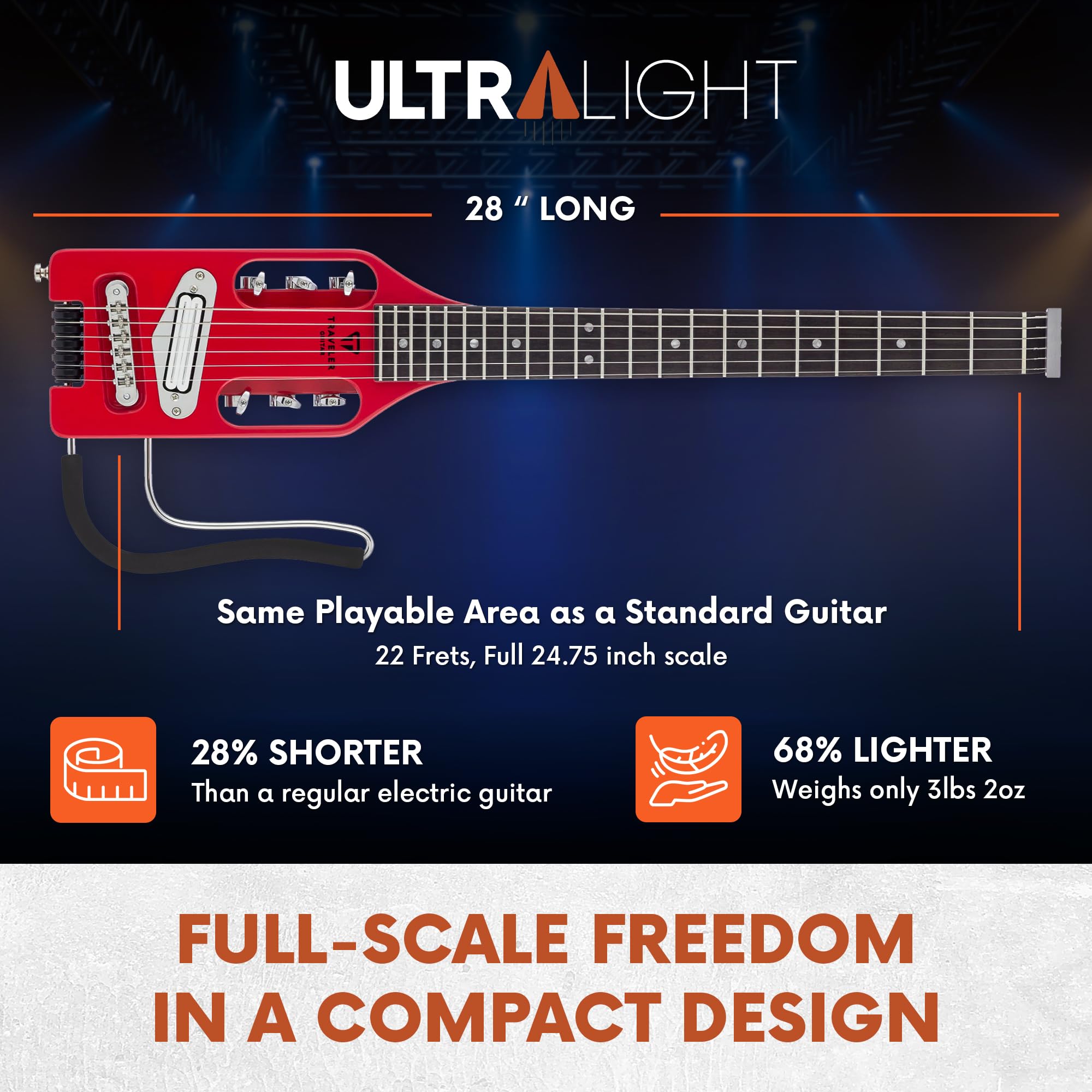 Traveler Guitar Ultra-Light Torino Red Electric Guitar | Small Electric Guitar with Removable Lap Rest | Full 24 3/4" Scale Travel Guitar | Portable Mini Guitar | Headless Guitar with Custom Gig Bag