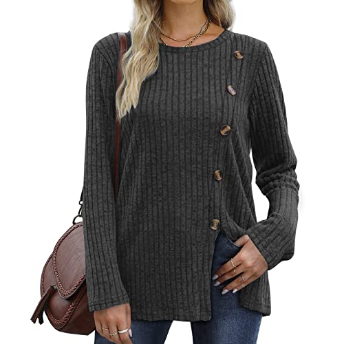 Sweater Dress Womens Sweaters 2023 Fall Winter Sweater Long Sleeve Crew Neck Comfy Loose Knit Pullover Jumper Tops Deco with Buttons Grey