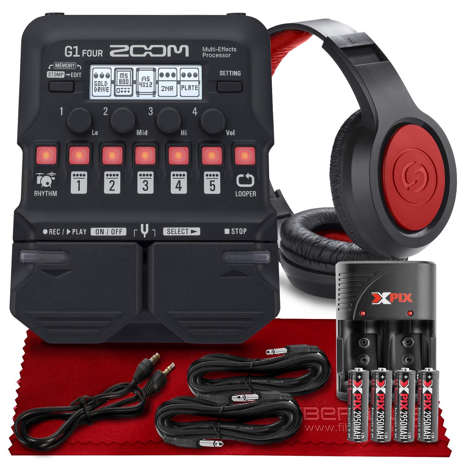 Zoom G1 Four Guitar Multi-Effects Processor + SR360 Over-Ear Dynamic Stereo Headphones, Rechargeable AA Batteries with Quick Travel Charger and Cable Accessories