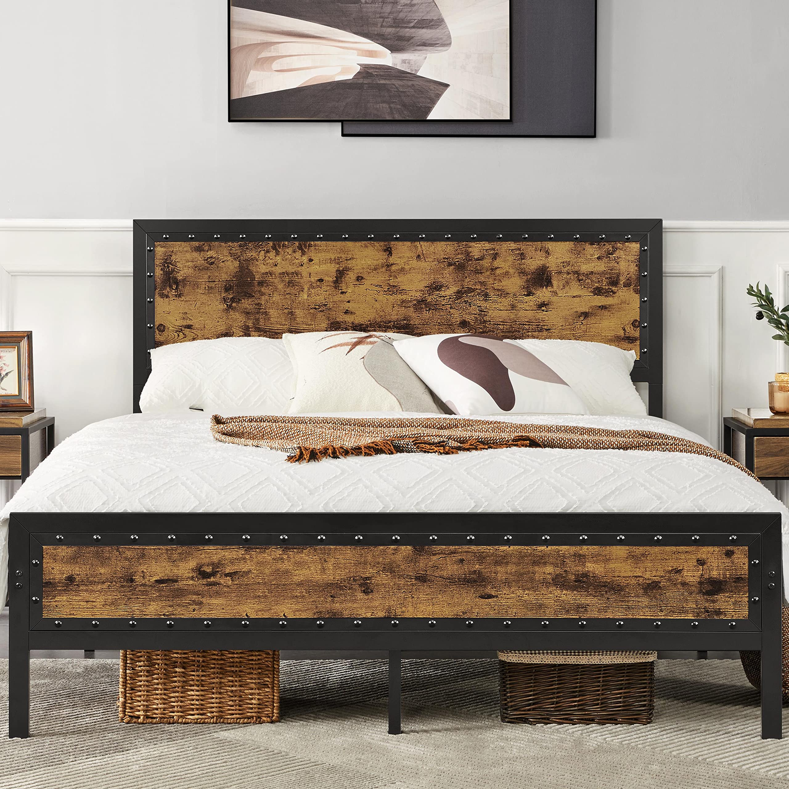 Yaheetech Queen Bed Frame Metal Bed with Rivet Design Wooden Headboard&Footboard, Modern Rustic Style/No Box Spring Needed/Easy Assembly, Rustic brown Queen Bed