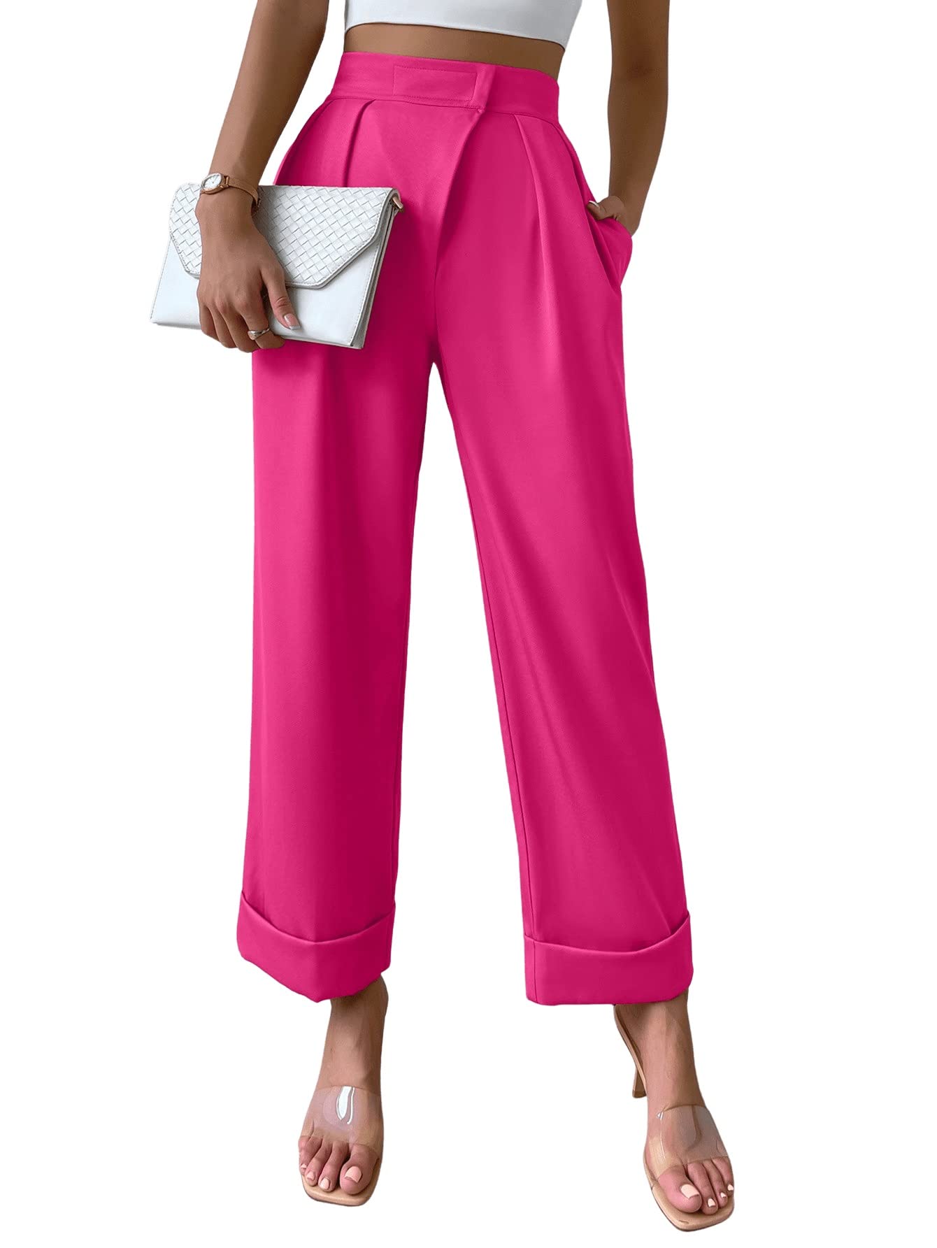 SweatyRocks Women's Elegant High Waist Roll Up Hem Pleated Wide Leg Pants with Pocket Hot Pink M