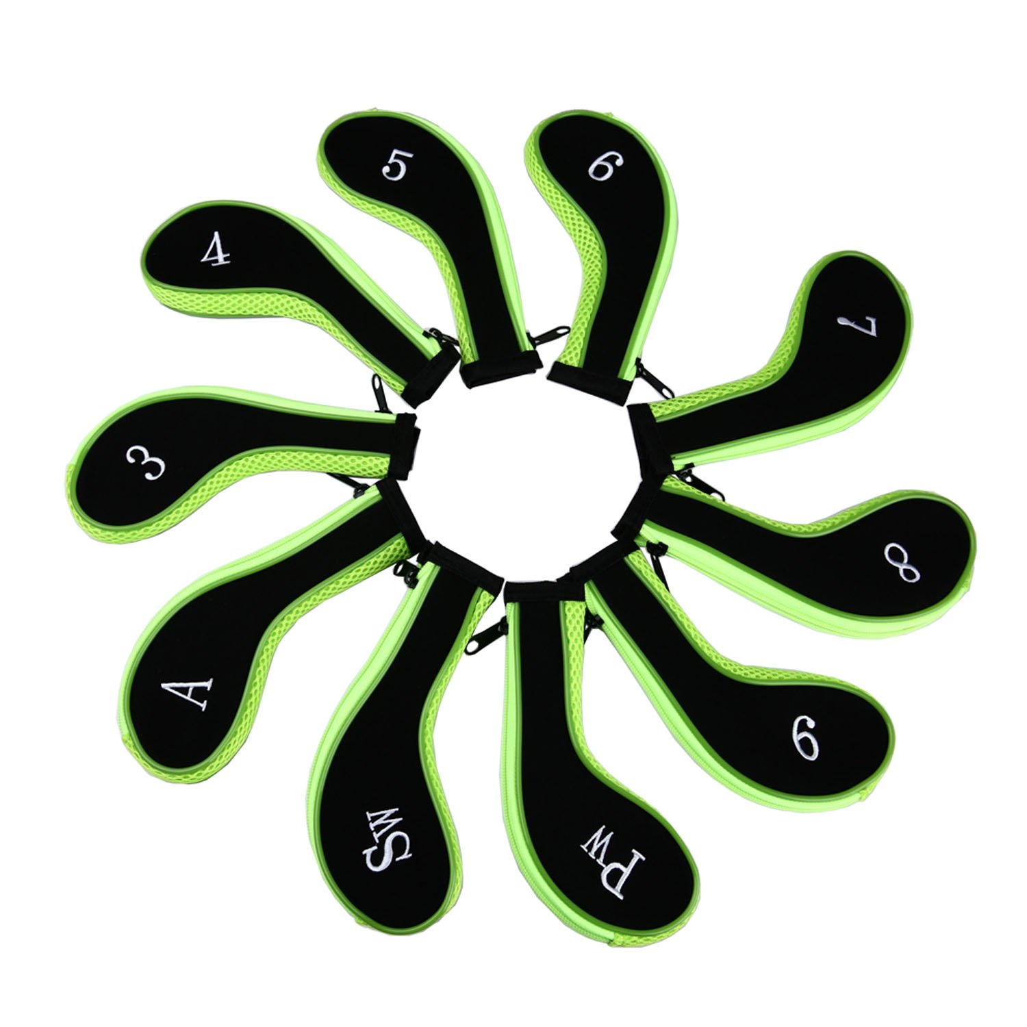 Sword &Shield sports Neoprene Zipper Golf Club Iron Head Covers Iron Covers 10pcs/Set(Green&Black)
