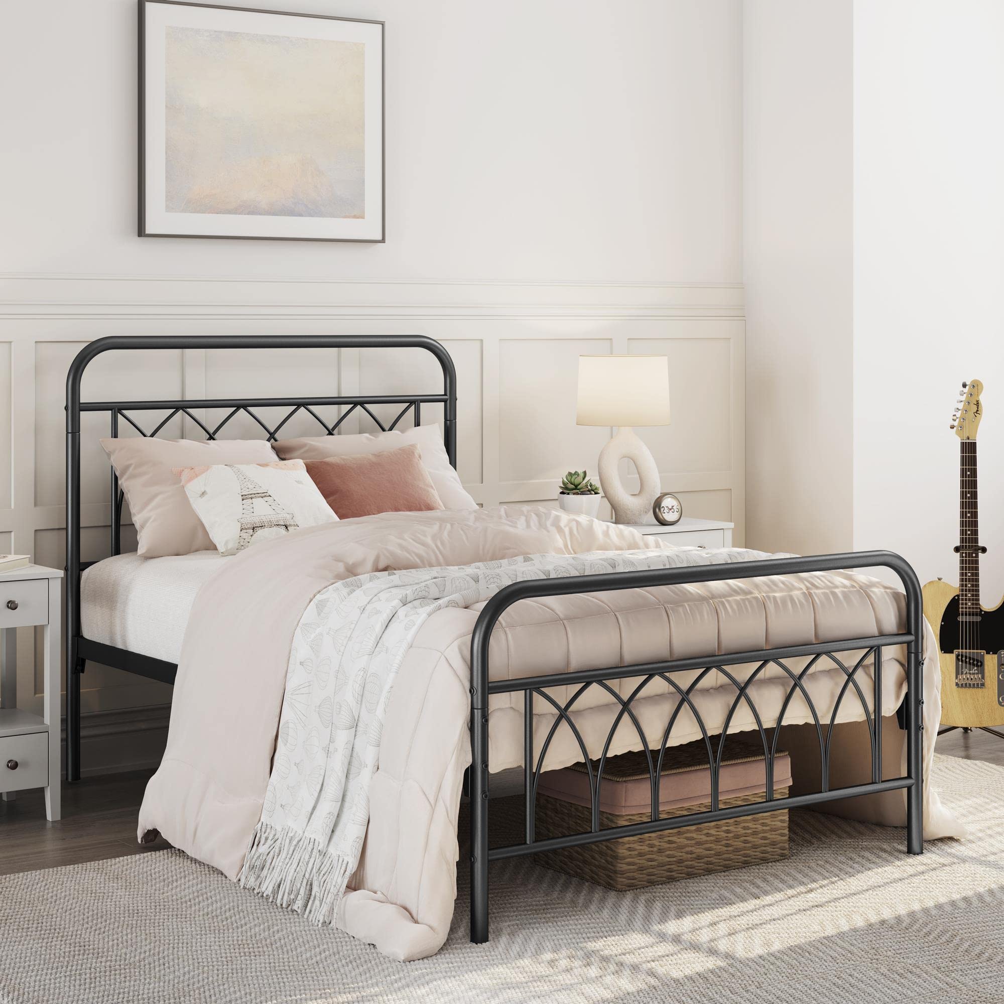 Yaheetech Twin Bed Frame Metal Platform Bed with Petal Accented Headboard/Footboard/14.4 Inch Under Bed Storage/No Box Spring Needed,Black