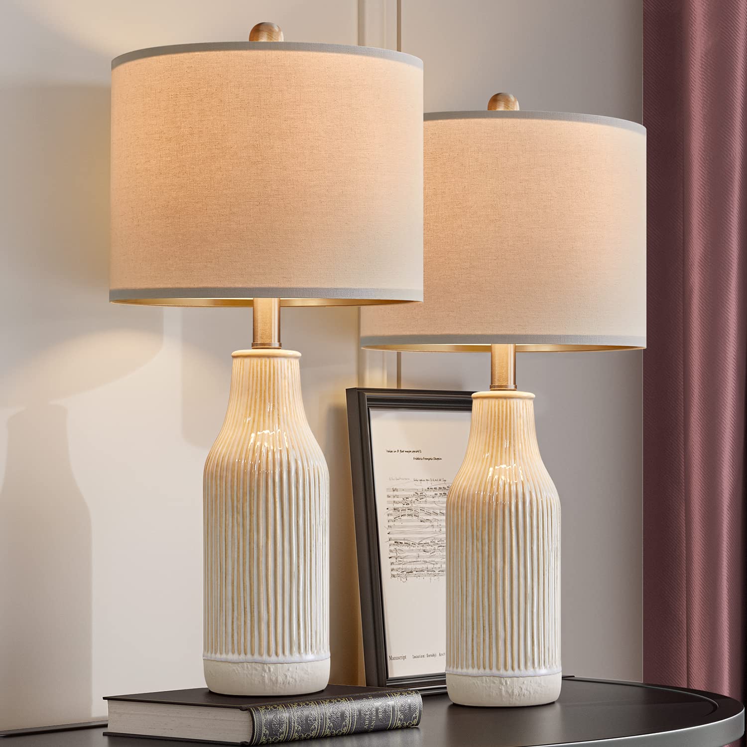 USumkky 23.75 inches Modern Ceramic Table Lamp Set of 2 for Living Room, Farmhouse Bedside Nightstand Lamp for Bedroom Home Office Dorm