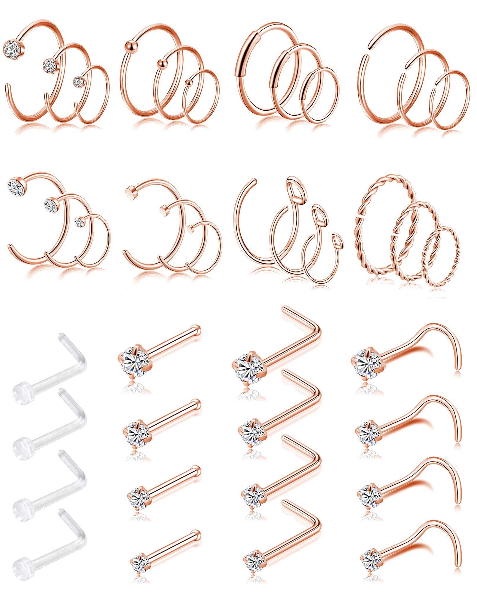 Tornito 20G 40Pcs Stainless Steel Nose Rings Nose Studs Set L-Shaped Bone Curved Nose Stud Piercing Helix Cartilage Tragus Hoop Rings Body Piercing Jewelry for Men and Women 6mm 8mm 10mm Rose Gold