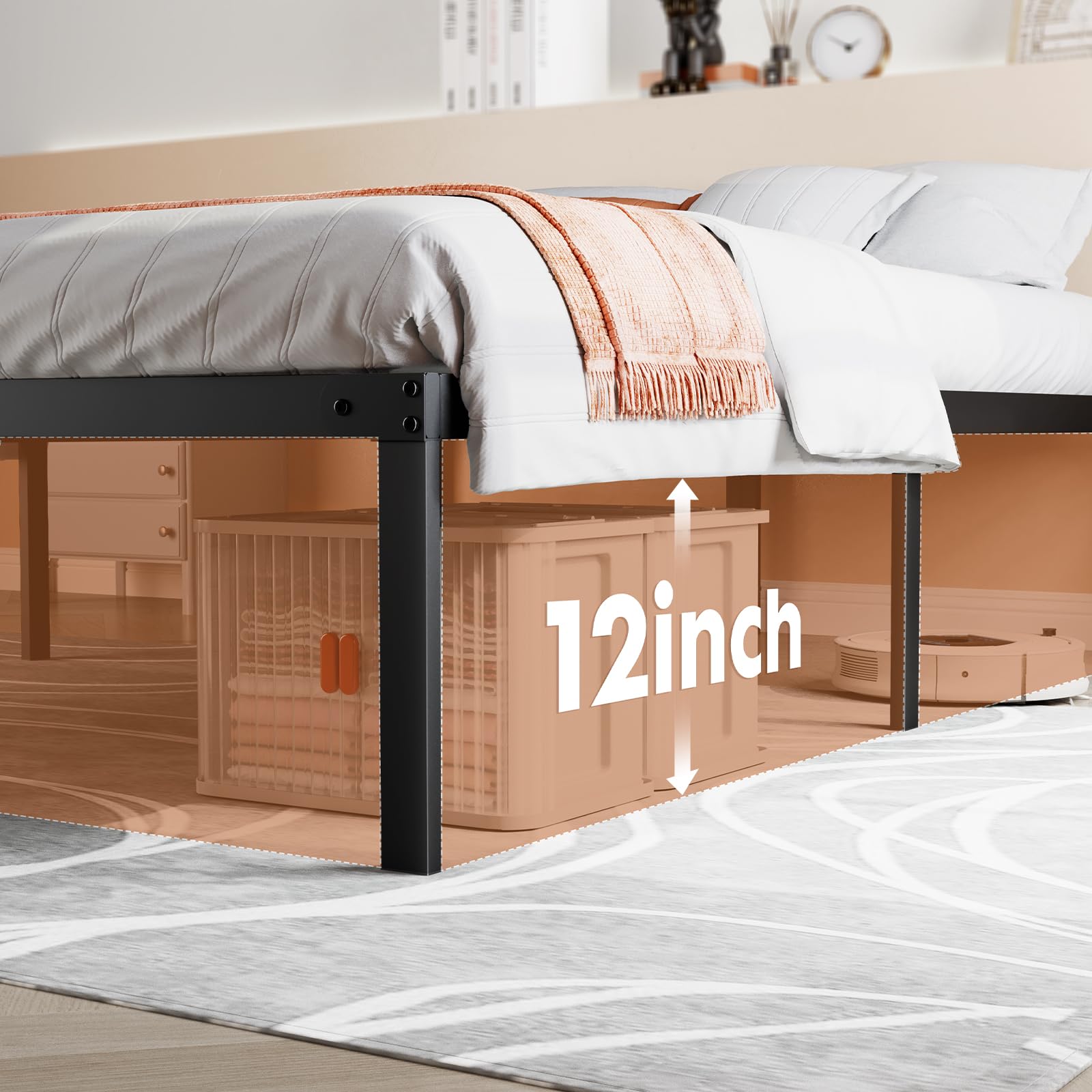 Sweetcrispy Queen Bed Frame - Metal Platform Bed Frames Queen Size with Storage Space Under Frame, Heavy Duty, 14 Inches, Sturdy Steel Slat Support, No Box Spring Needed