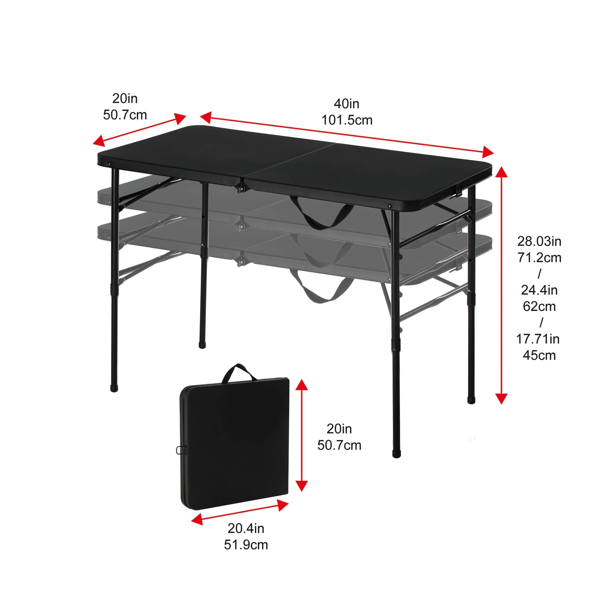 WOONITH ItroNz 40" L x 20" W Plastic Adjustable Height Fold-in-Half Folding Table, Rich Black