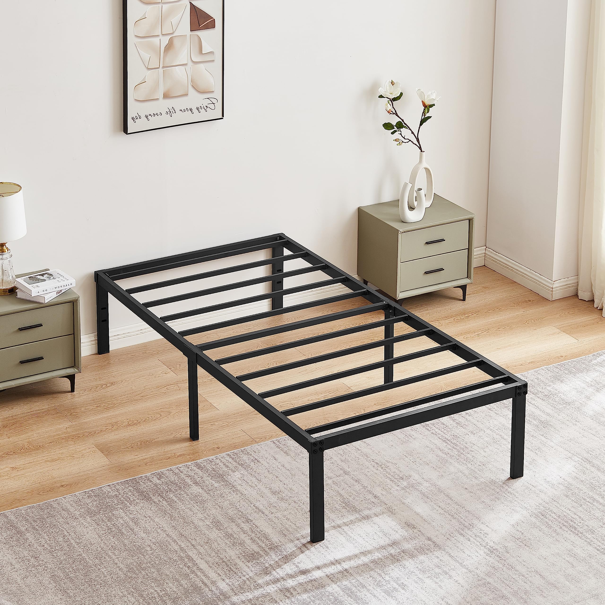 WORKKOOL 16 Inches Twin Size Platform Bed Frame,No Box Spring Needed Easy Assembly,Heavy Duty Steel Slat Mattress Foundation Noise Free