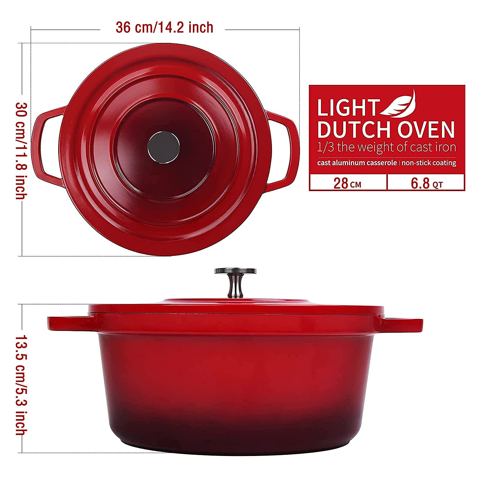 swiflon Dutch Oven Pot with Lid 6.8-QT Cast Aluminum Nonstick Casserole, Lightweight Cookware Braiser Pot Suitable for Meats, Soups, Bread Baking in Oven, Red