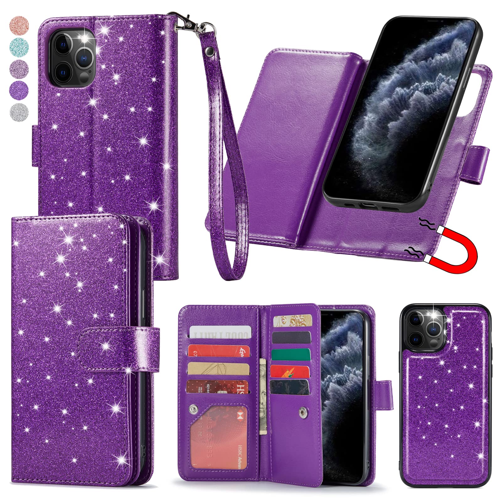 Varikke for iPhone 11 Pro Max Wallet Case, Detachable Magnetic Wallet Flip Cases for Women Men with Card Holder & Kickstand & Wrist Strap Fits iPhone 11 Pro Max Phone Cover Glitter PU Leather, Black