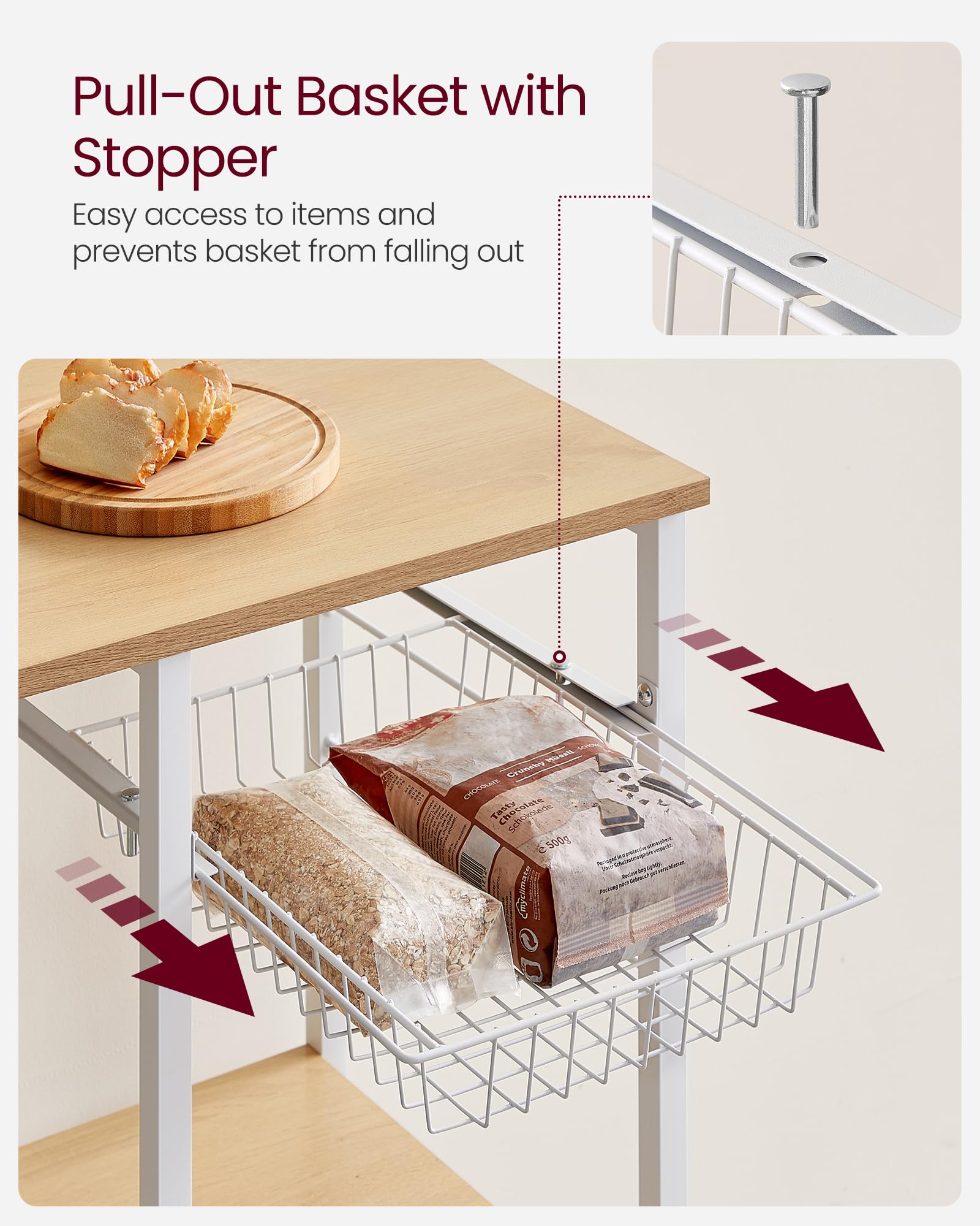 VASAGLE Baker's Rack, Microwave Stand, Kitchen Storage Rack with Wire Basket, 6 Hooks, and Shelves, for Spices, Pots, and Pans, Golden Oak and Cloud White UKKS035W09