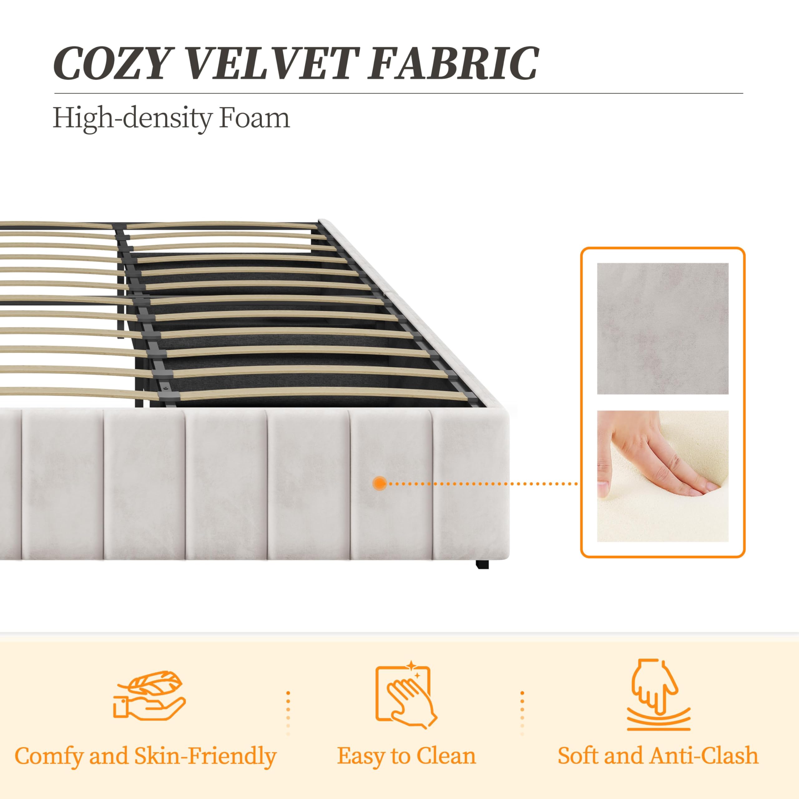 Yaheetech King Bed Frame Upholstered Platform Bed with 4 Storage Drawers, Large Storage Space/Strong Wooden Slats/Non-Slip and Noise-Free/No Fixed Headboard/No Box Spring Needed/Beige King Bed