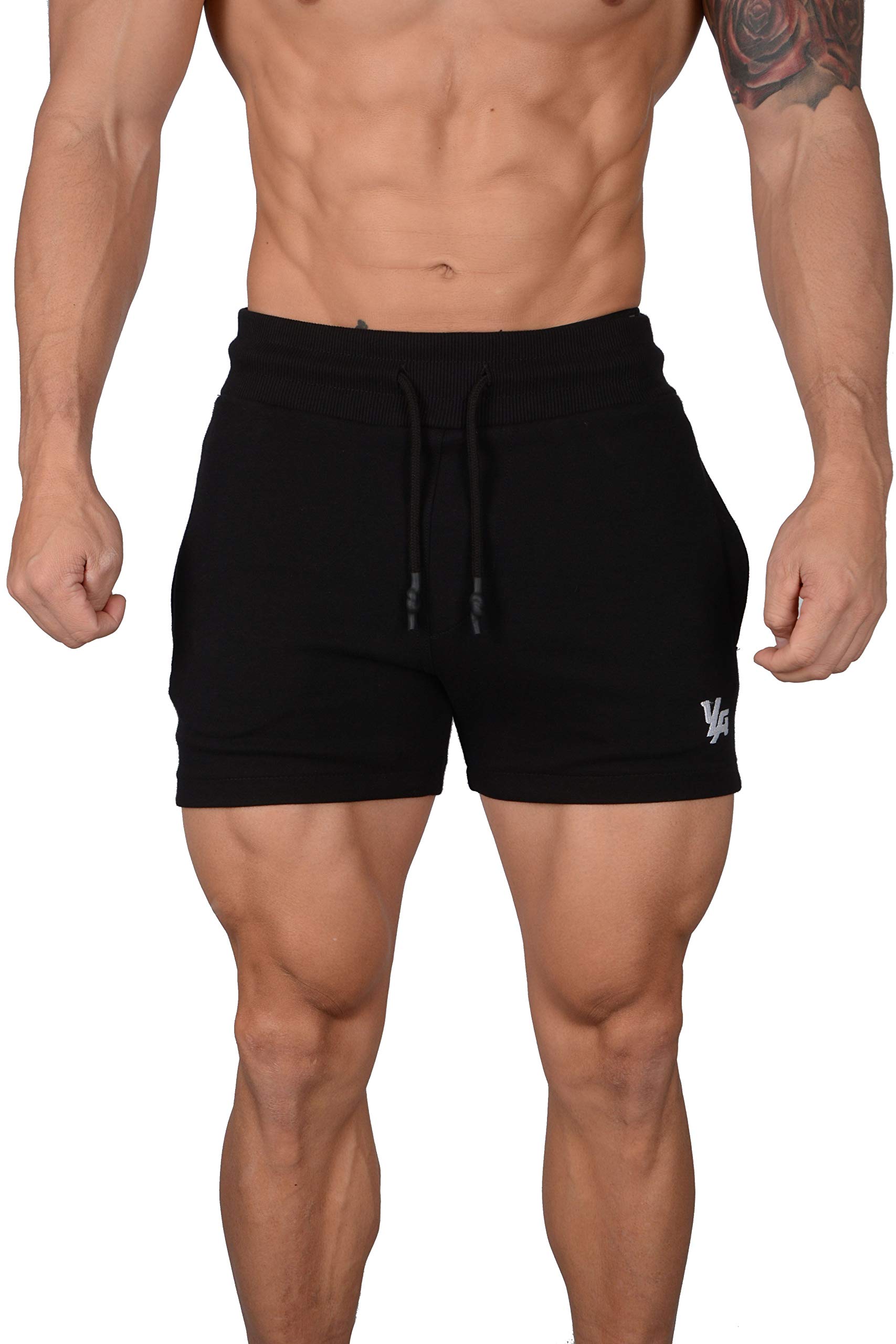YoungLA Bodybuilding Shorts for Men | Classic Weight Lifting Shorts | Gym Workout | with Pockets 126 Bk L Black