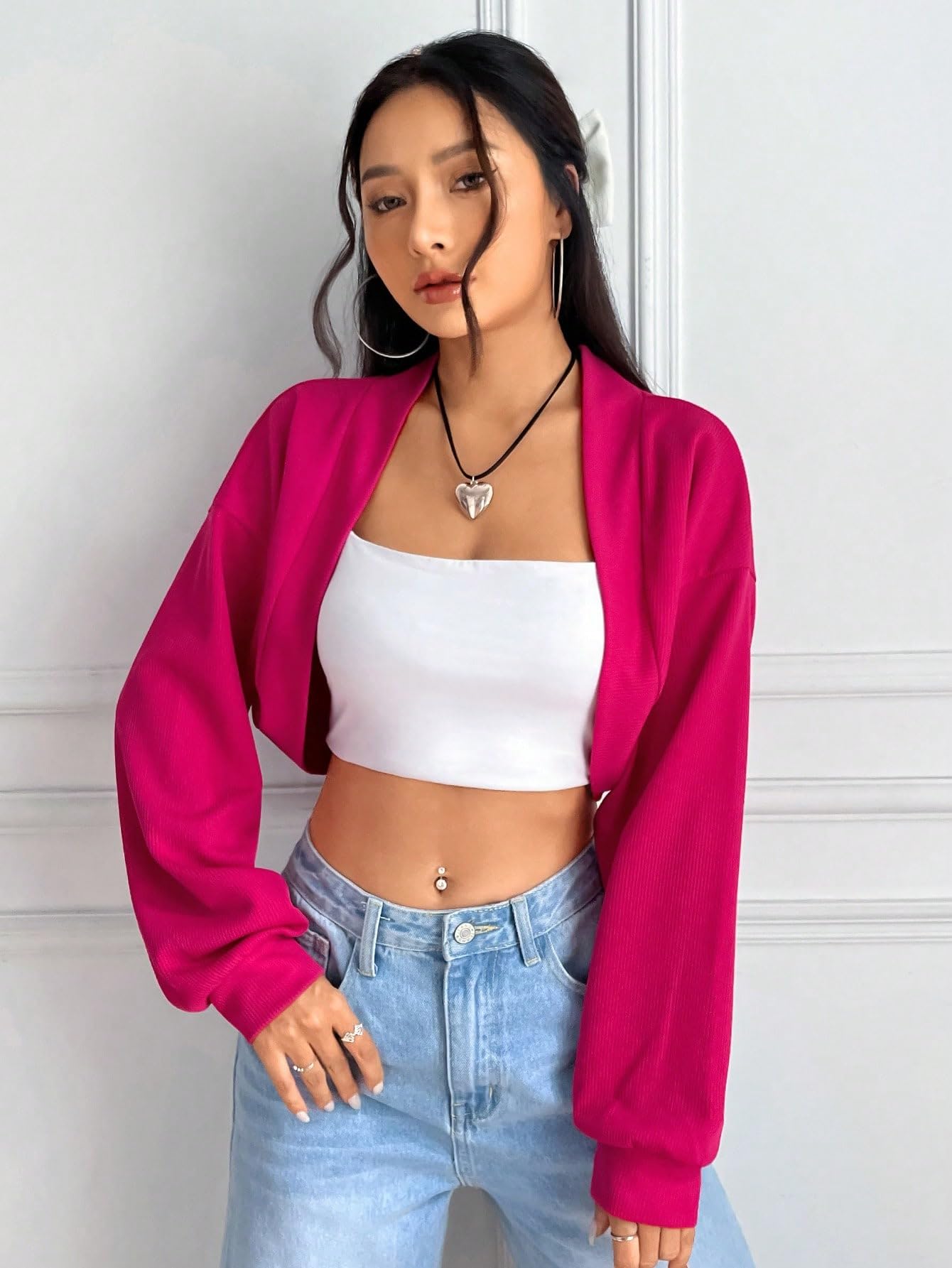 SweatyRocks Women's Casual Long Sleeve Ribbed Knit Top Open Front Cropped Cardigan Sweater Hot Pink M