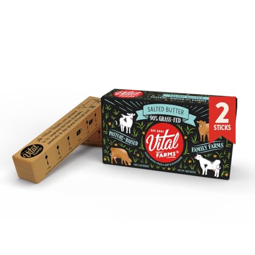 Vital Farms Grass-Fed Butter Sticks, Salted, 8oz, 2 x 1/4 lb sticks
