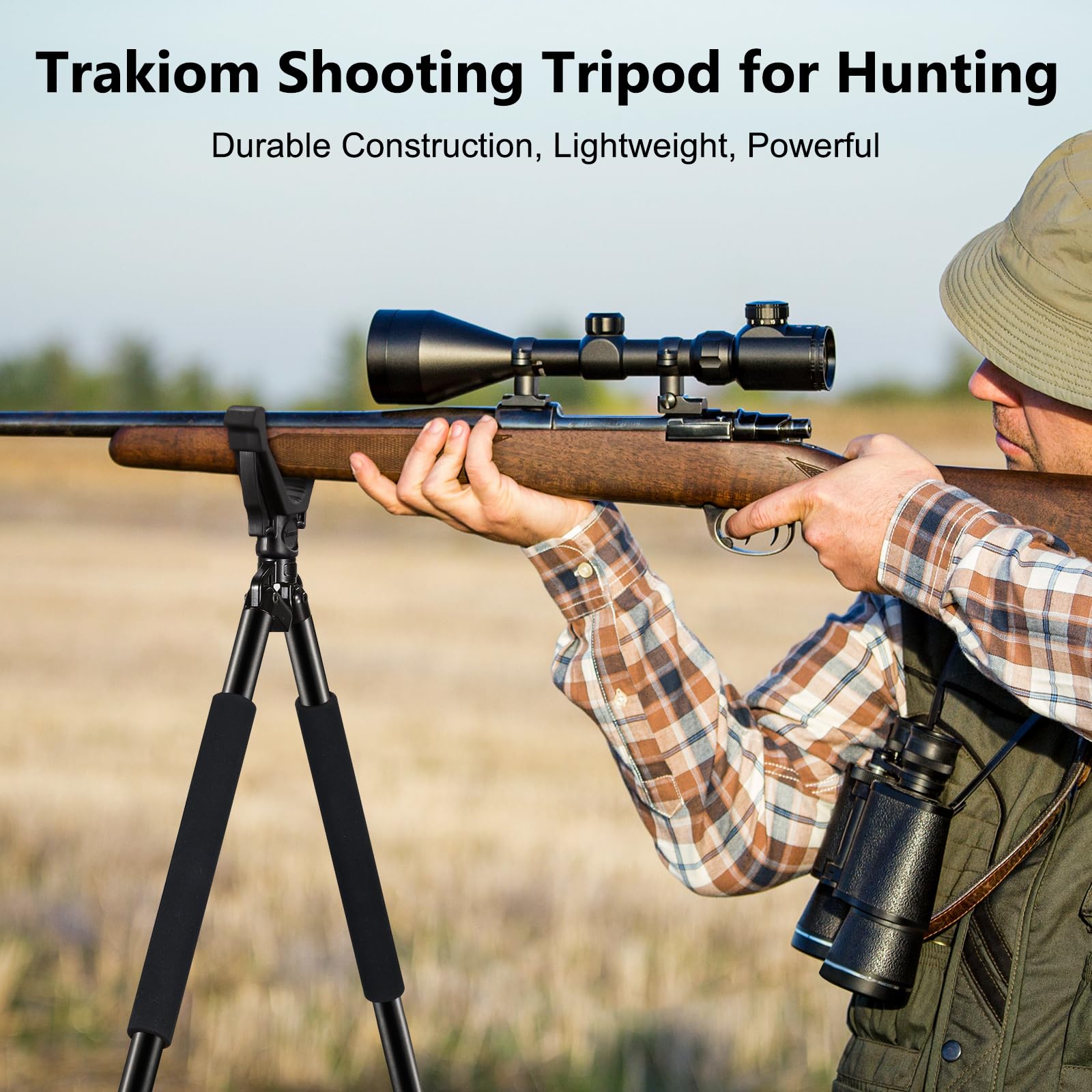 Trakiom Bipod Shooting Sticks for Hunting, Shooting Bipod for Hunting, Adjustable Bipod Shooting Rest, Rifle Bipod with 360° Rubber V Yoke Rest, Twist Lock, Lightweight Aluminum Frame and Spike Feet