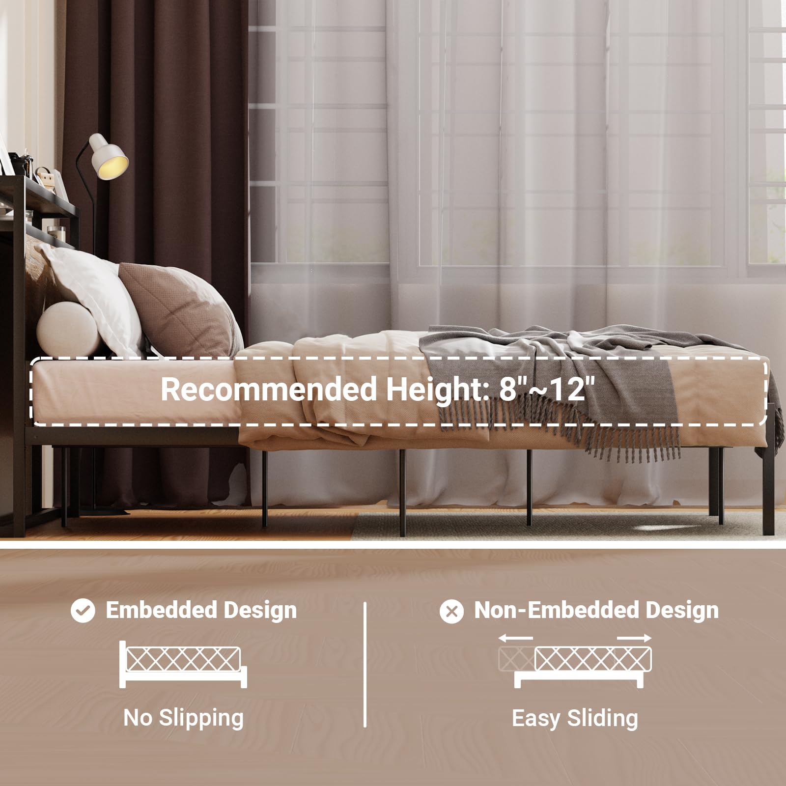 Zevemomo Queen Bed Frame, Queen Size Metal Platform Bed Frame with 2-Tier Storage Wood Headboard and Power Outlets, USB Ports Charging Station/No Box Spring Needed/Noise-Free/Easy Assembly/Brown