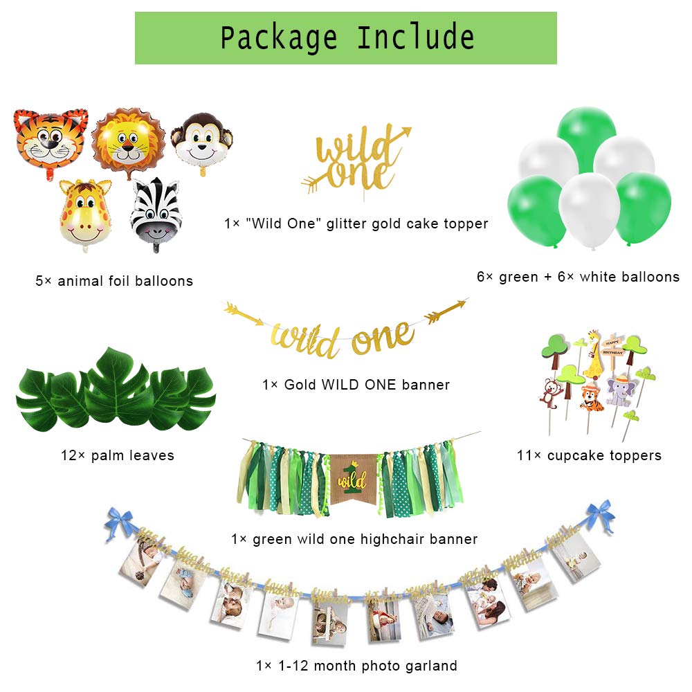 Wild One Birthday Decoration, Safari Baby First Bday Decor Kit, Jungle 1st Bday Party Balloon Set