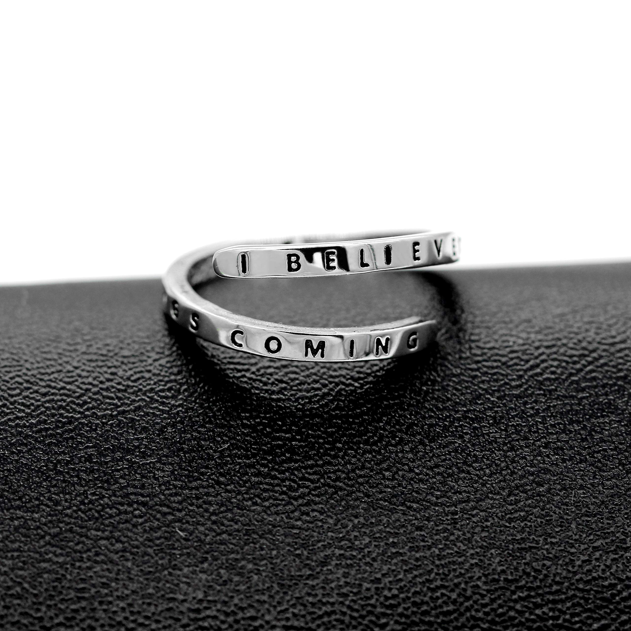 Uloveido Adjustable 925 Sterling Silver Inspirational Ring, I Believe Open Wrap Band Rings Y550 (Platinum)