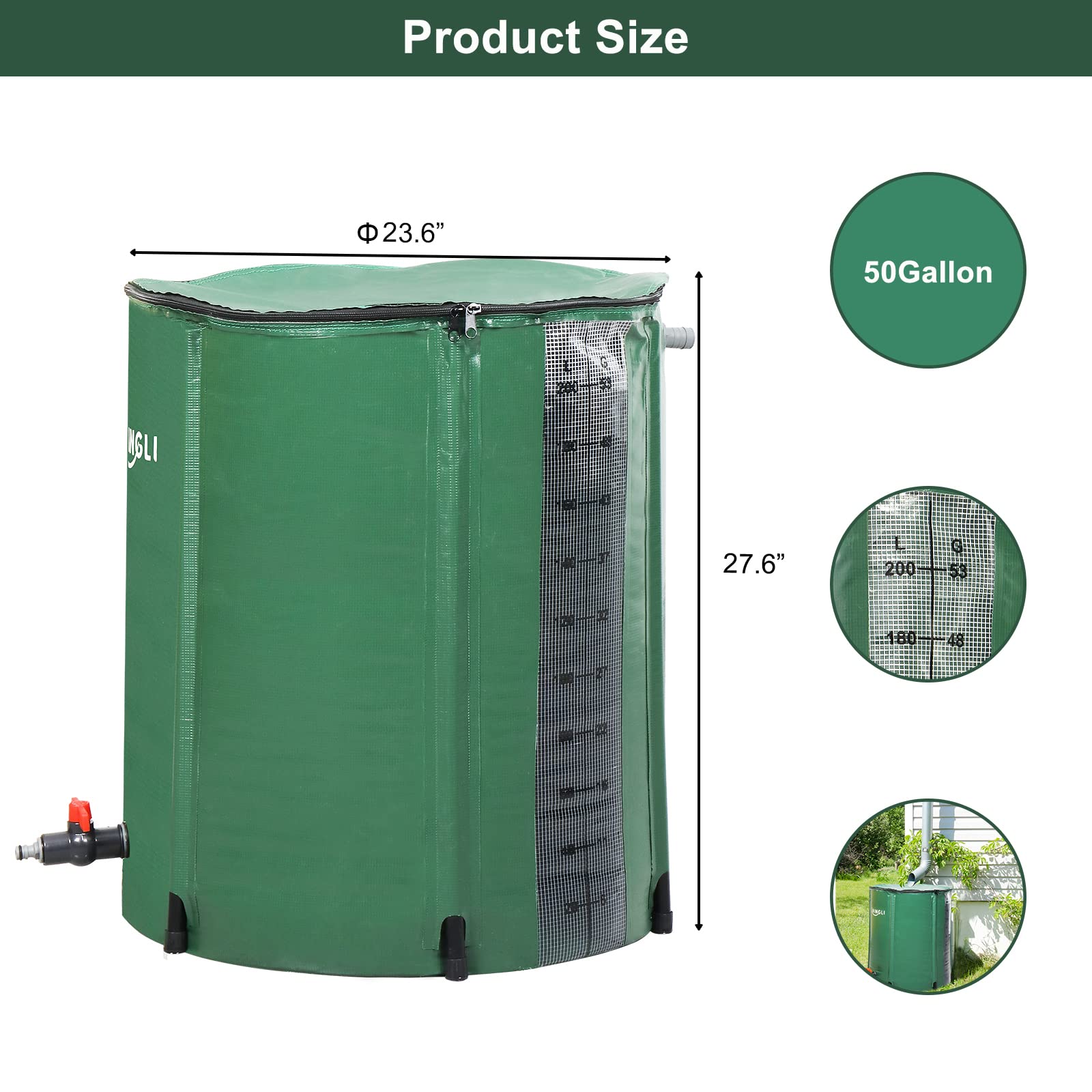 VINGLI Upgraded Rain Barrel, Collapsible Water Tank Storage Container Rain Catcher Barrel with Volume Scale Mark, Downspout Rainwater Collection System with Filter Spigot Overflow Kit-50 Gallon …