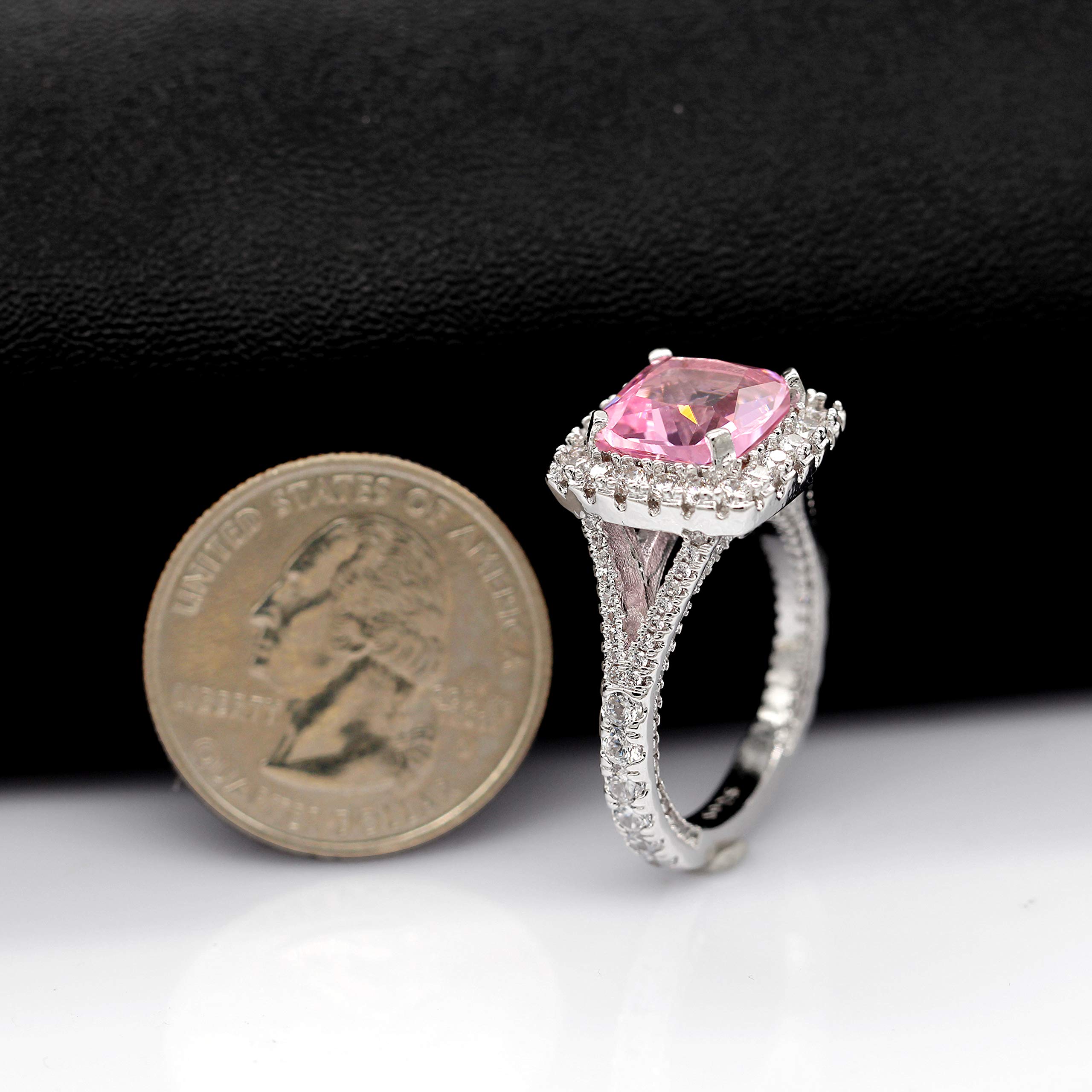 Uloveido Platinum Plated Simulated Pink Topaz Filled Halo Promise Ring for Her, Big Pink Stone Split Shank Square Rings Solitaire Y586 (Size 9)