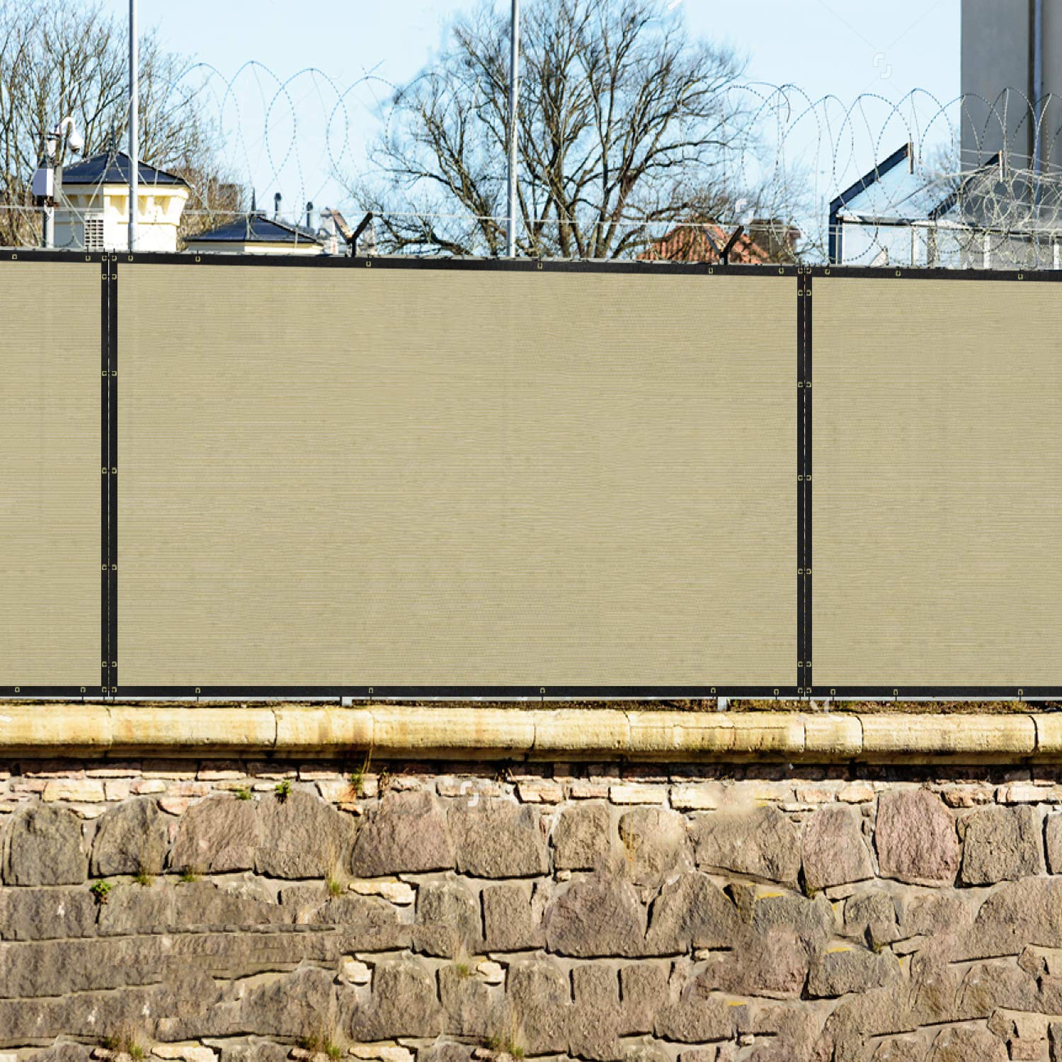 Windscreen4less Privacy Fence Screen Heavy Duty Windscreen Fencing Mesh Fabric Shade Net Cover with Brass Grommtes for Outdoor Wall Garden Yard Pool Deck, 6'x50' Beige